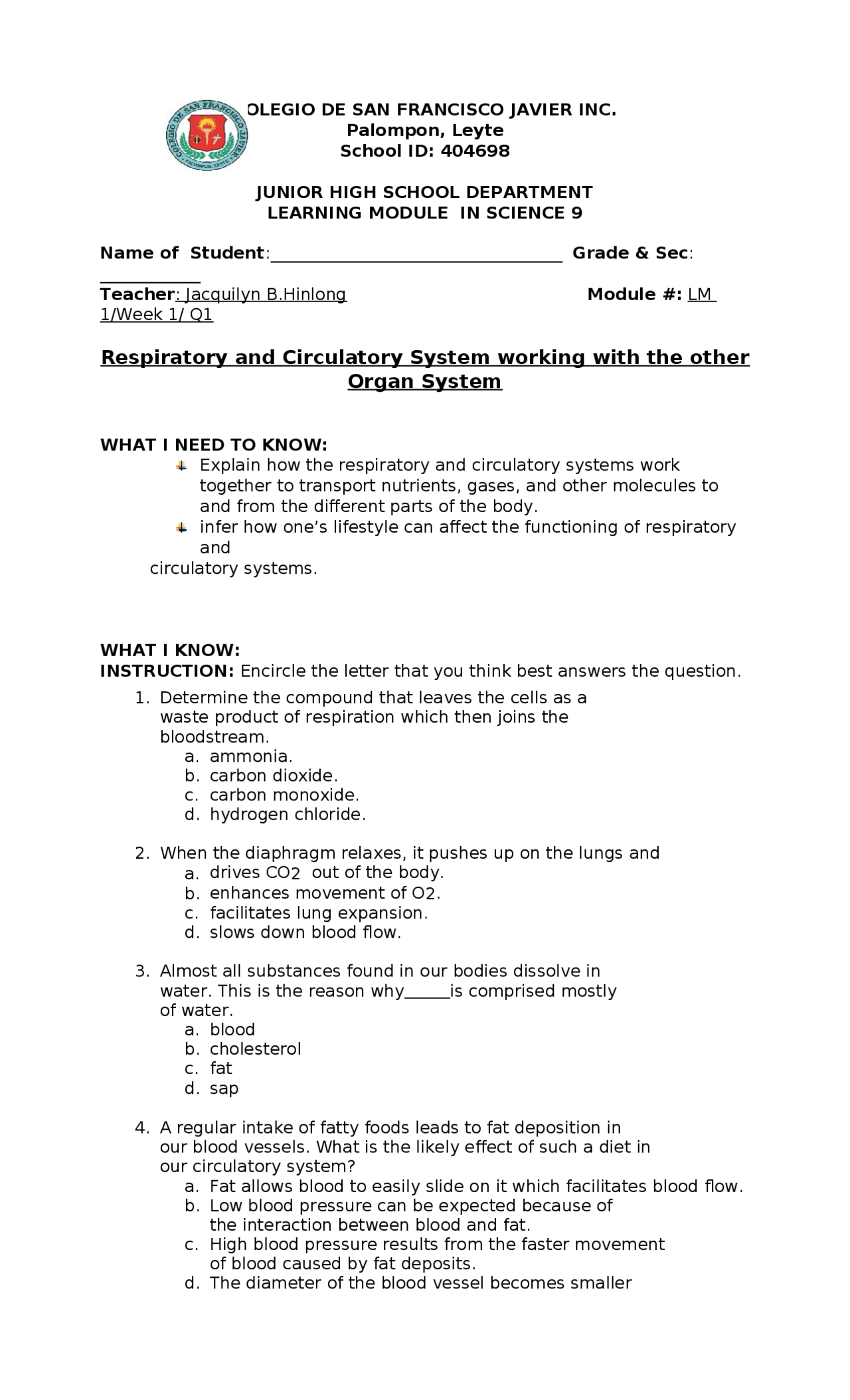 SCIENCE 9 module 1 week 1 - Docsity