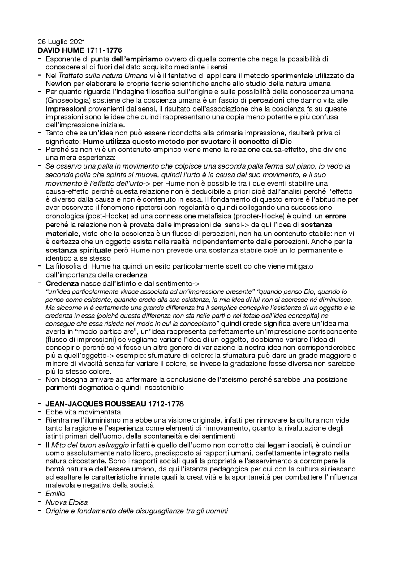 Spiegazione Hume Rousseau Kant Docsity