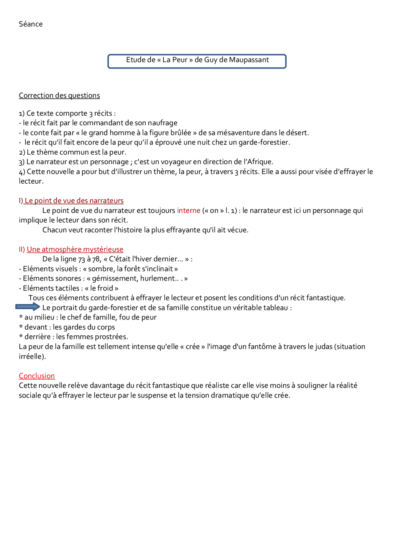 Etude de « La Peur » de Guy de Maupassant | Lectures Littérature | Docsity