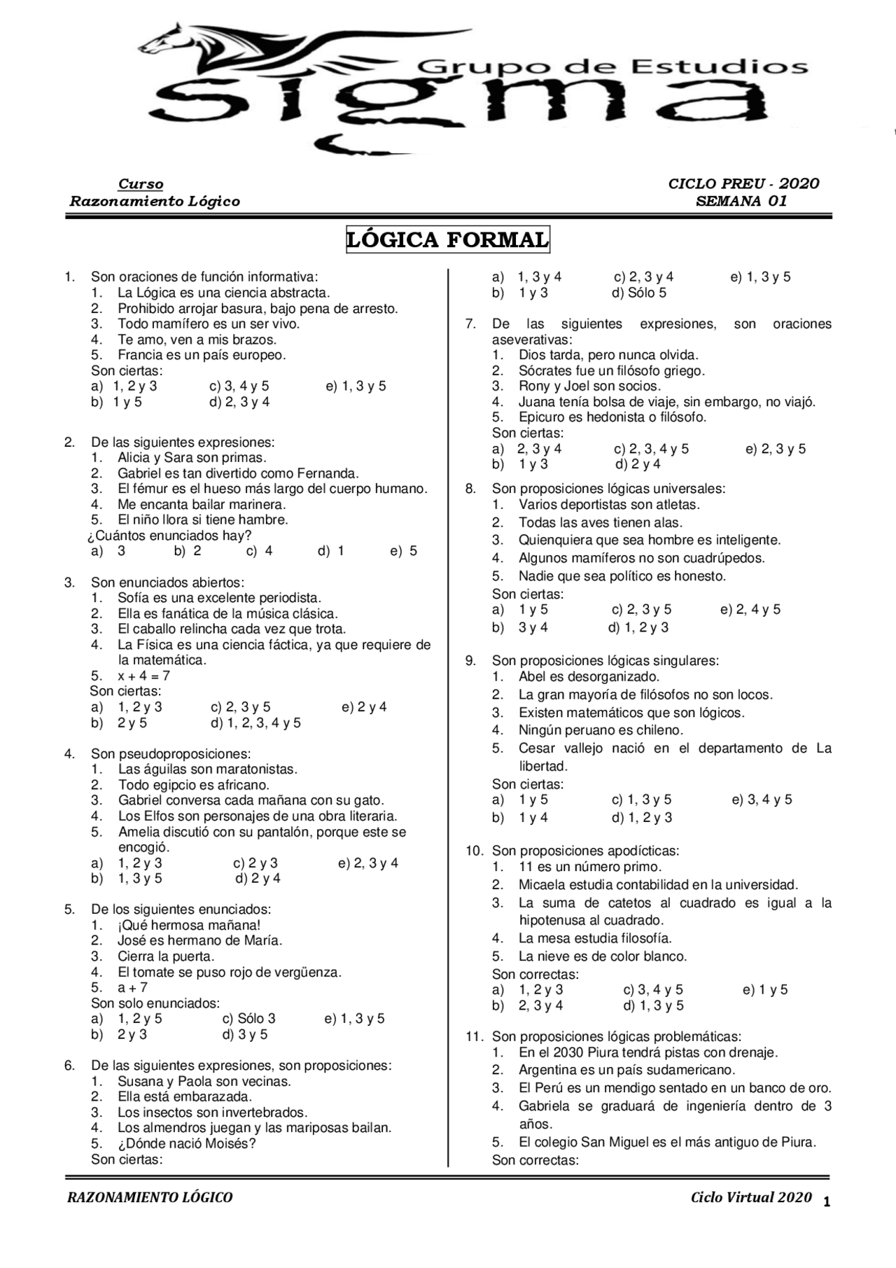 LOGICA FORMAL PREUNIVERSITARIOS 2020 | Exercícios de Matemática | Docsity