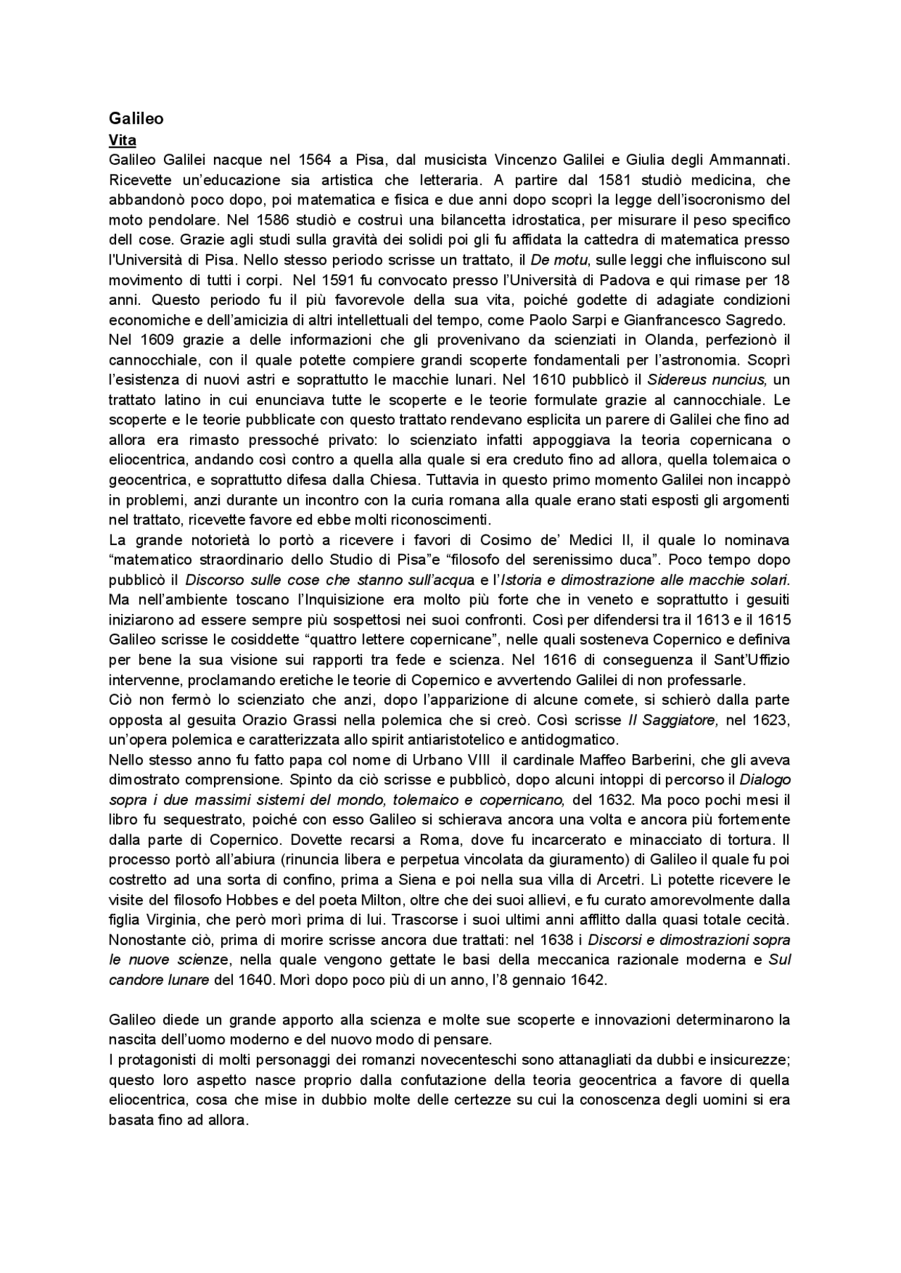 Galileo Galilei Appunti Docsity
