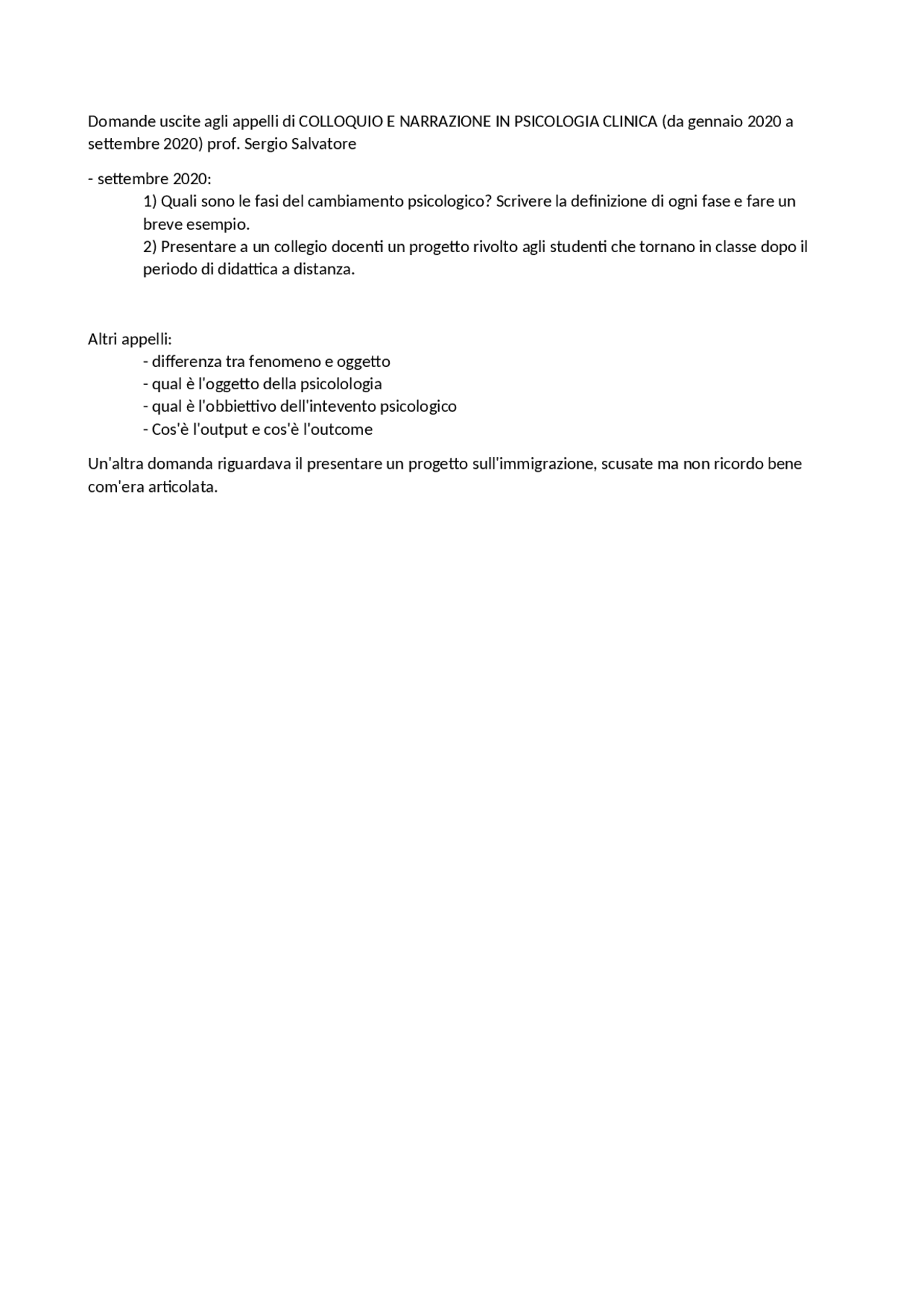 Domande Aperte Esame Modelli Psicodinamici Dellintervento Prove D