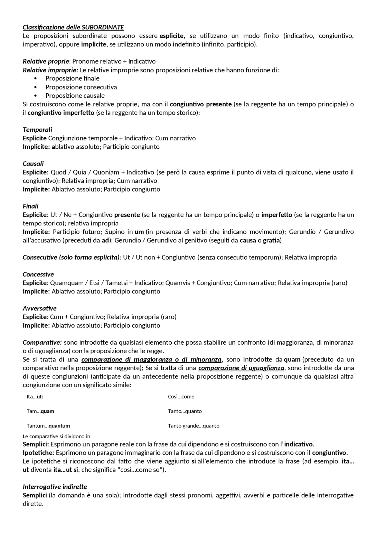 Classificazione Delle Subordinate Latine Appunti Di Lingua Latina