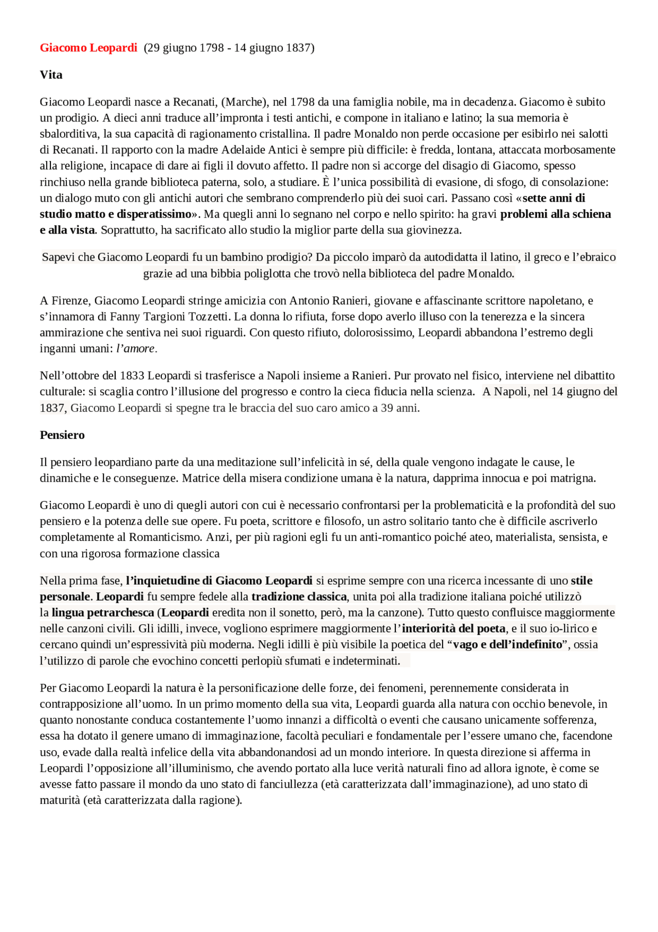 Giacomo Leopardi e il romanticismo - Docsity