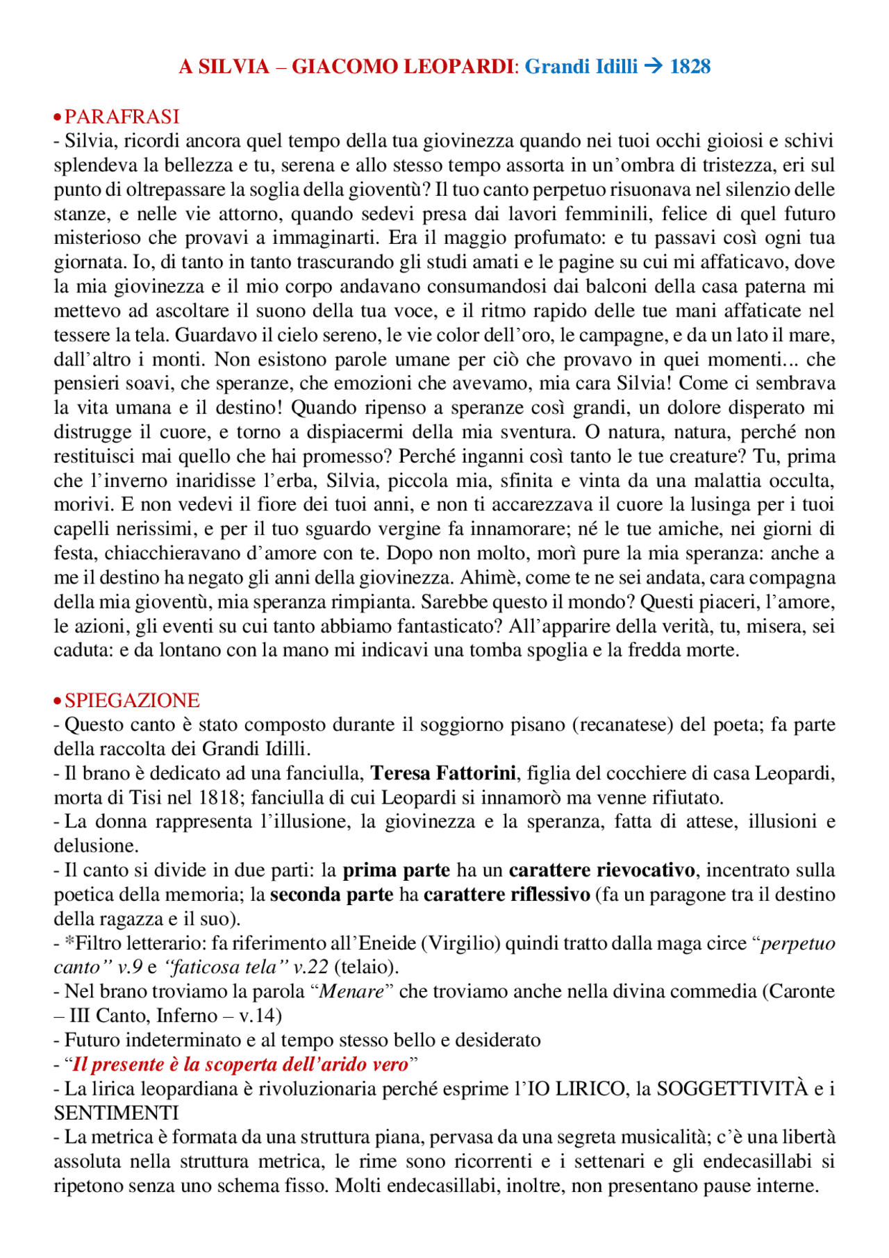 A Silvia Giacomo Leopardi Docsity