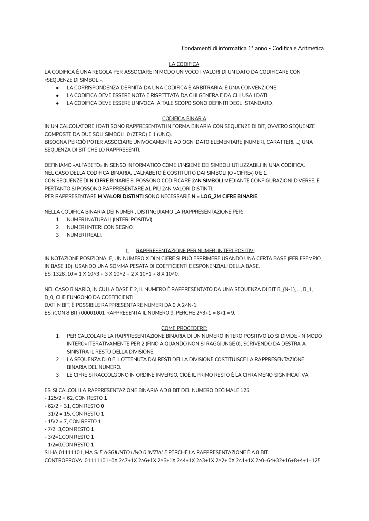 Riassunto codifica e aritmetica binaria ed esadecimale. - Docsity