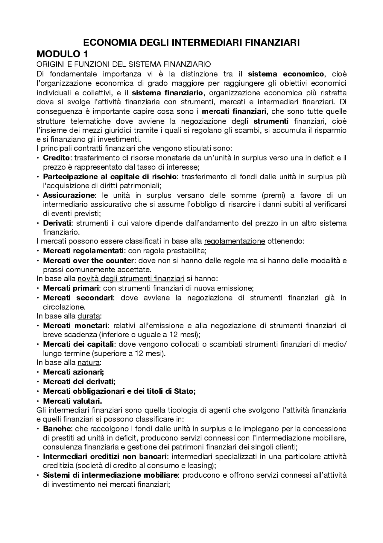 Economia degli intermediari finanziari - Docsity