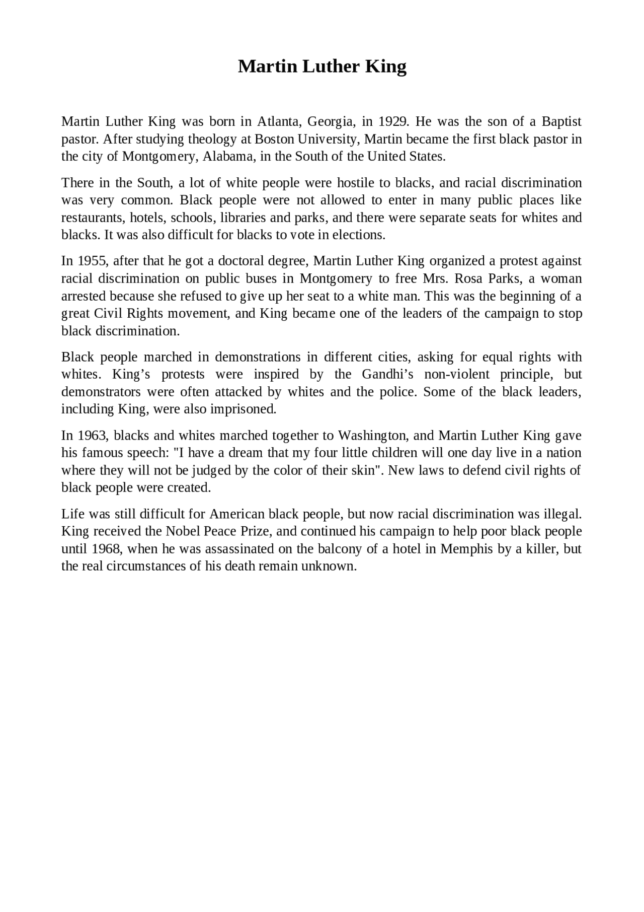 Brief summary on Martin Luther King's life - Docsity