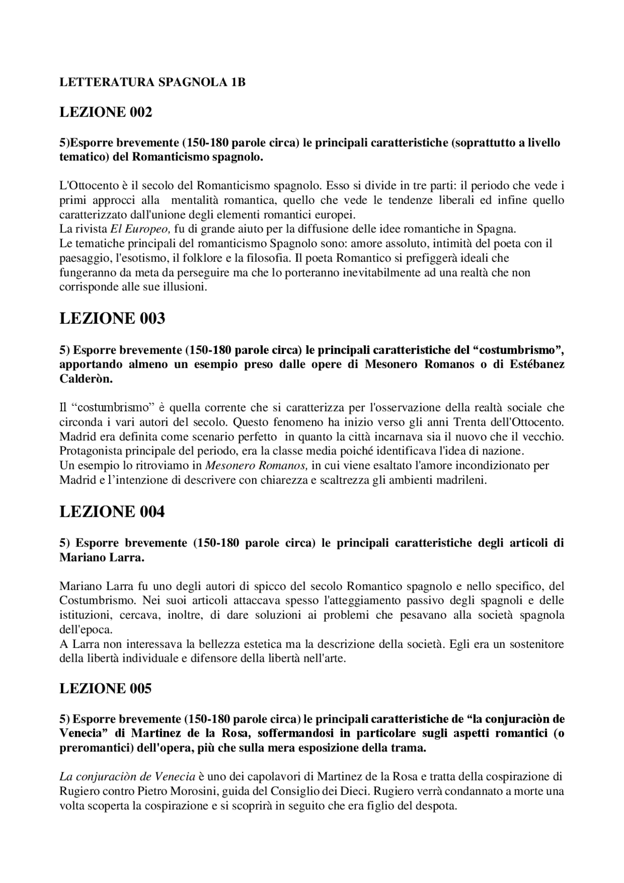 Risposte Aperte Del Paniere Letteratura Spagnola 1b Brizi Mirko Docsity