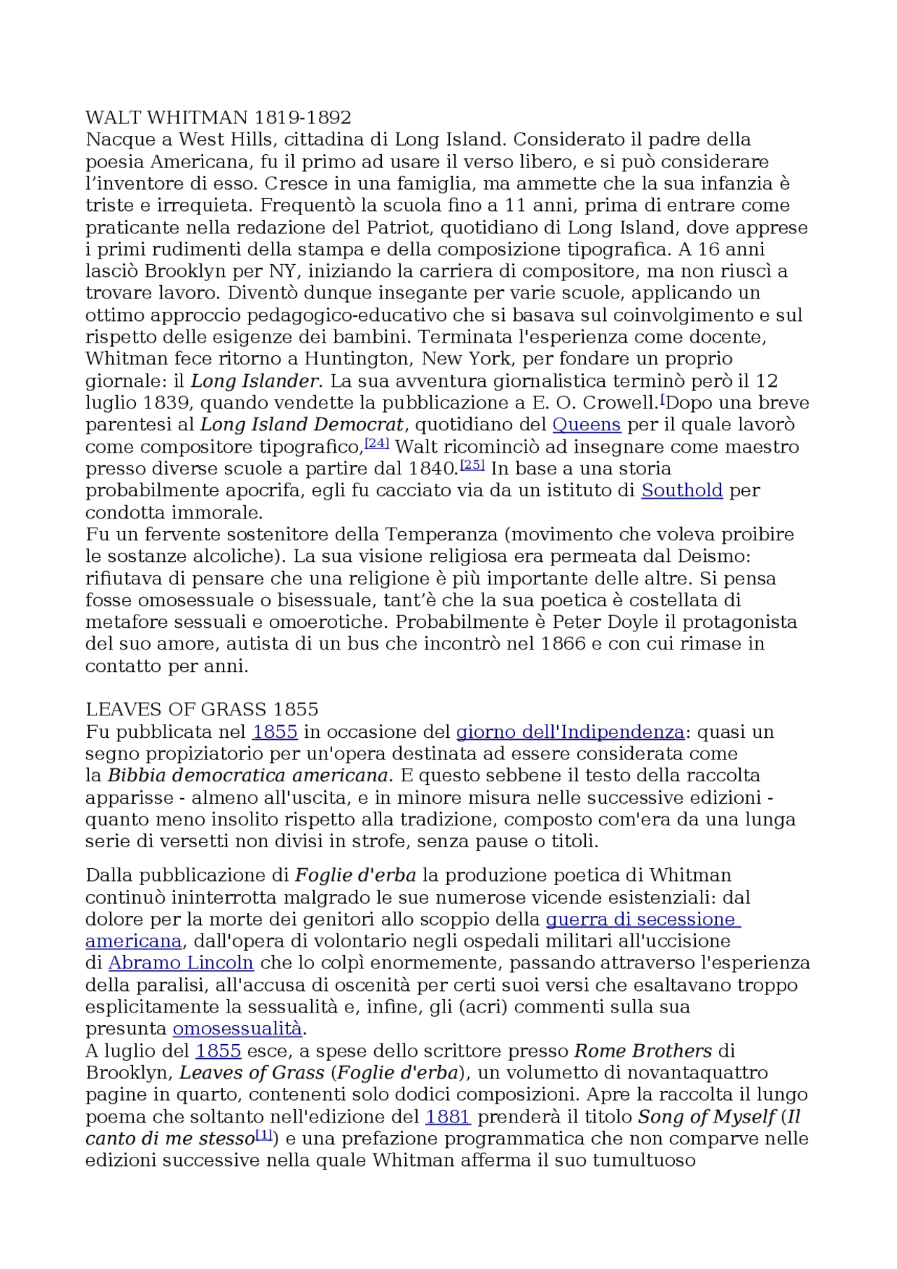 Riassunto Walt Witman Docsity