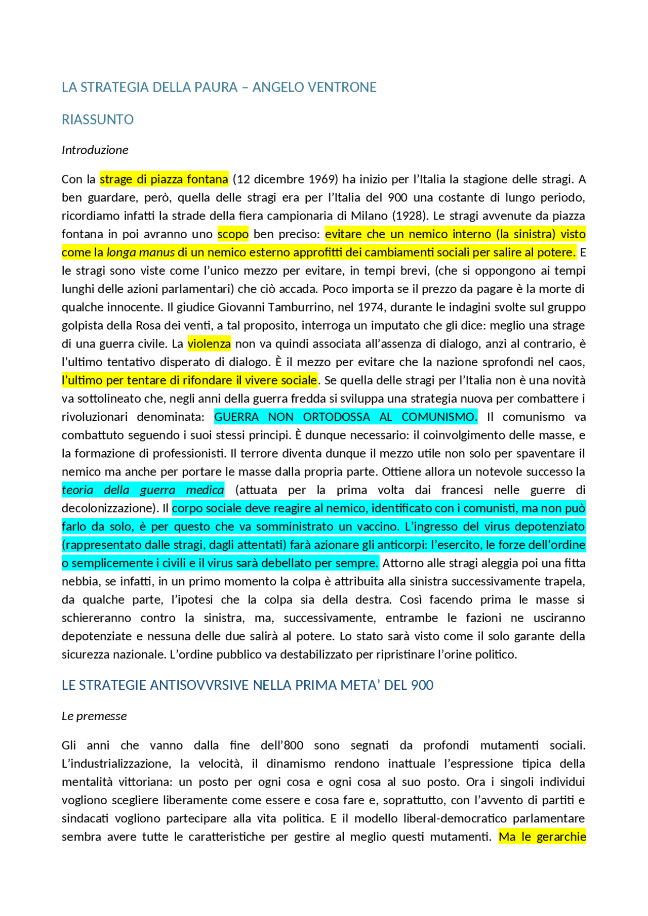 La strategia della paura - Angelo Ventrone - Docsity