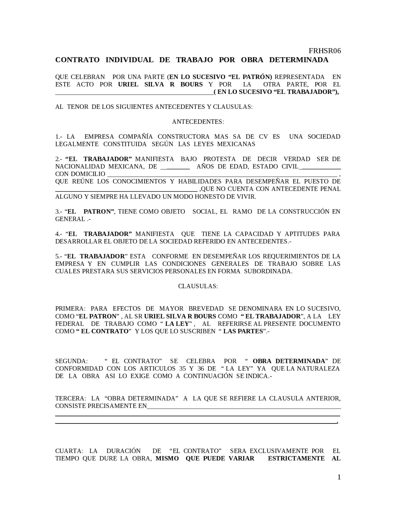 CONTRATO POR OBRA DETERMINADA - Docsity