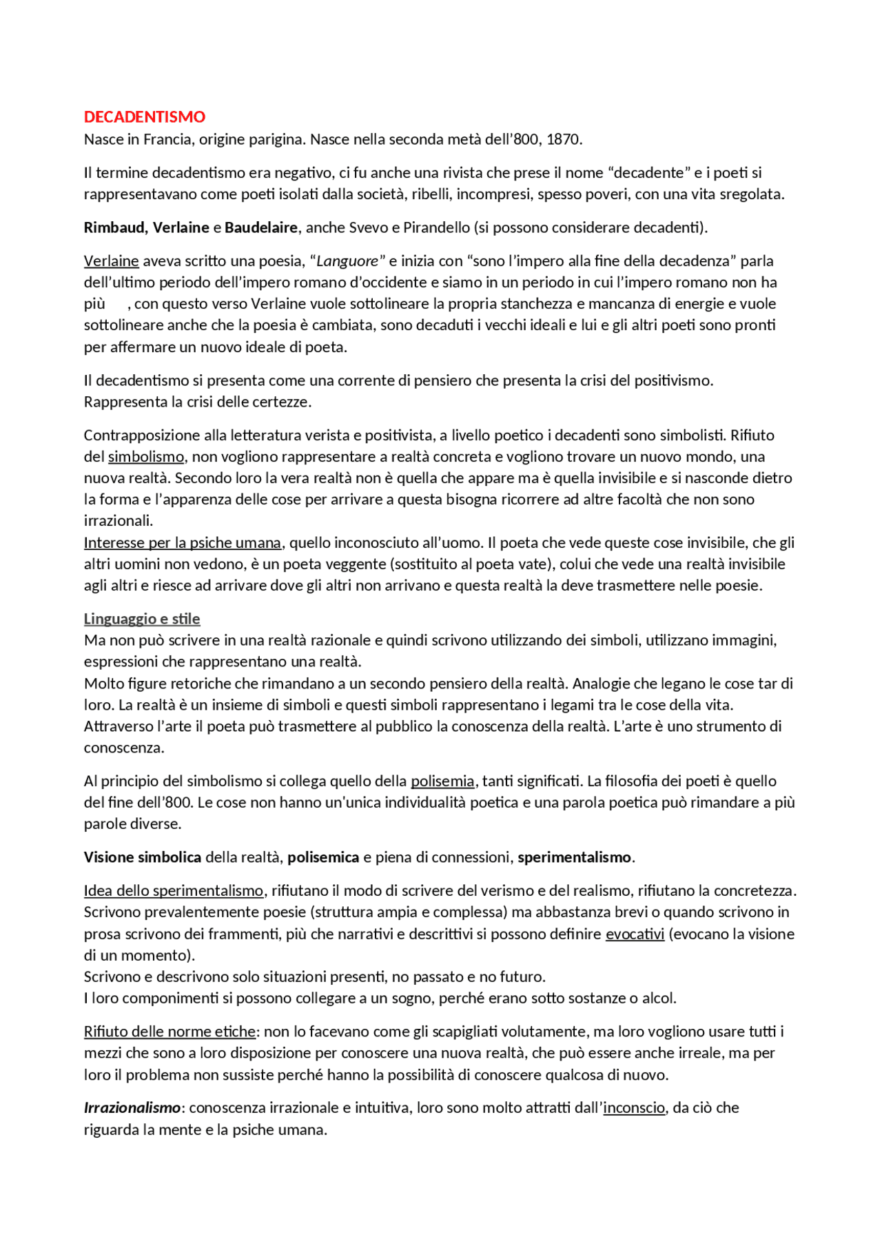 Decadentismo Estetismo E Baudelaire Docsity