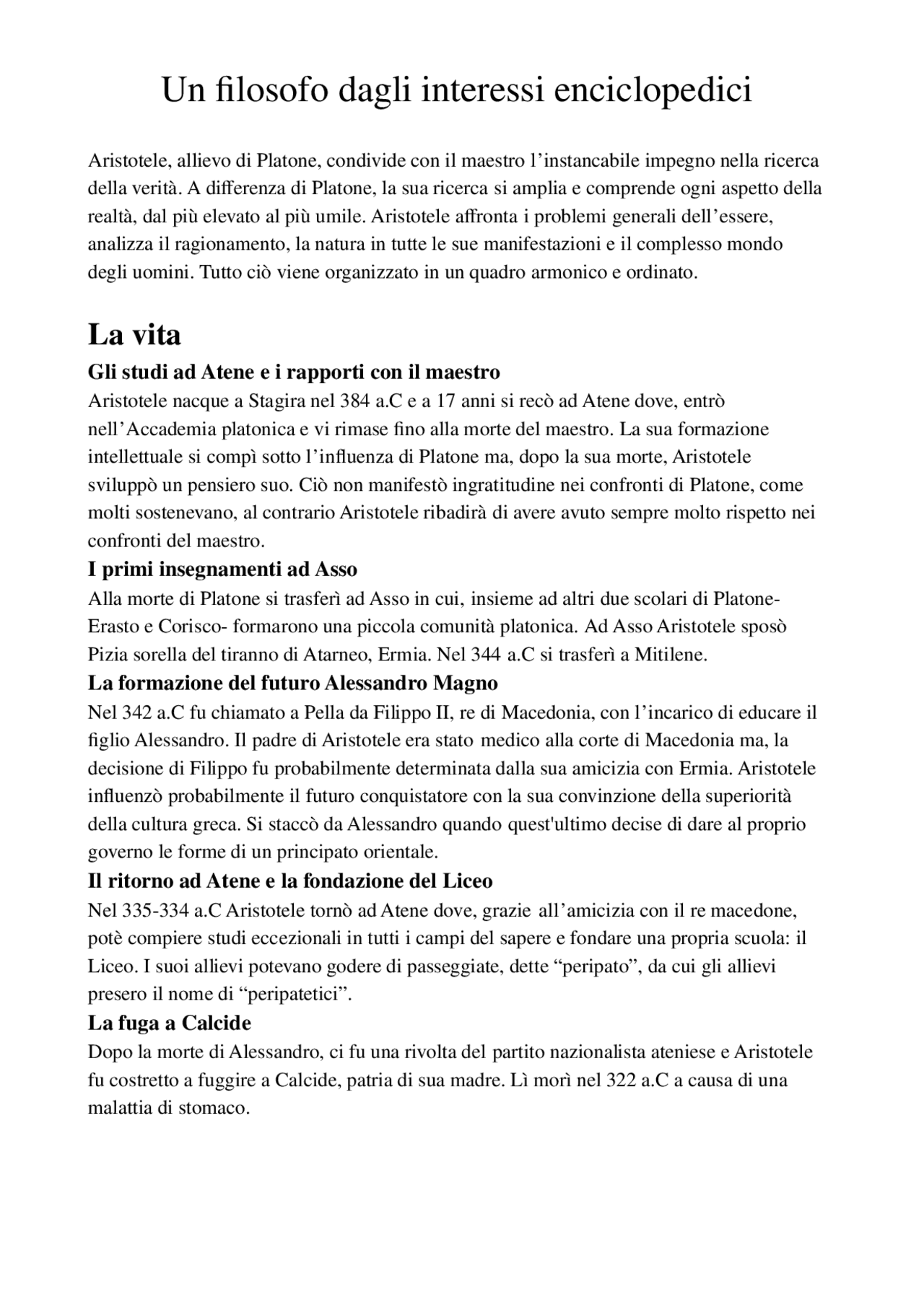 Riassunto Aristotele Docsity