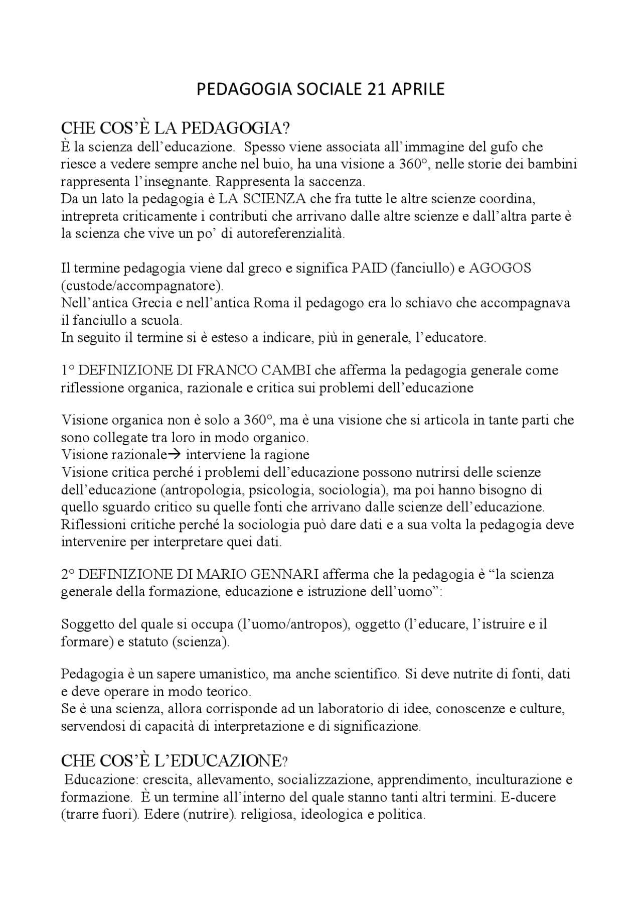 Pedagogia Sociale Parte Inziale Docsity