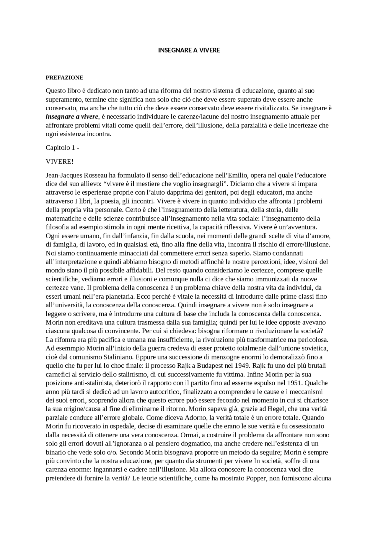 Sintesi Insegnare A Vivere Di E Morin Docsity