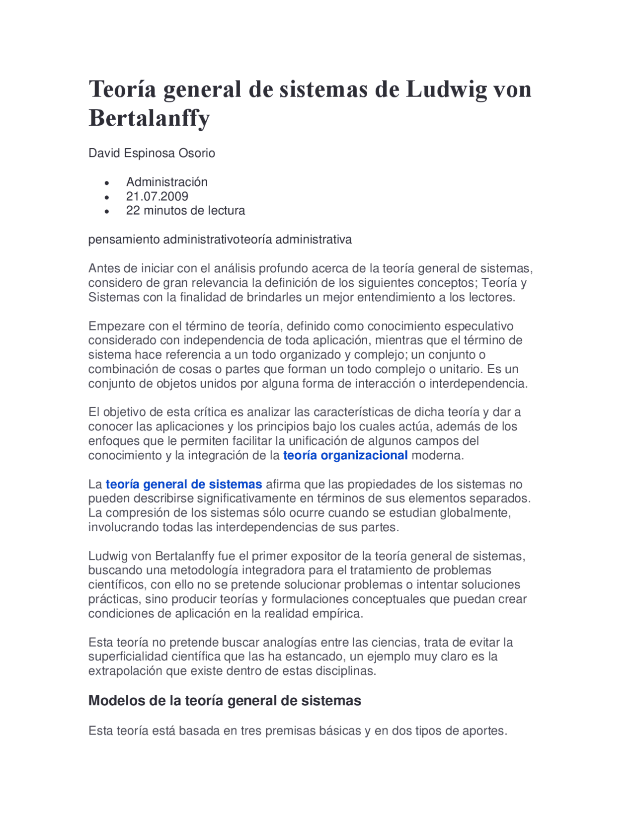 Teoría general de sistemas de Ludwig von Bertalanffy - Docsity