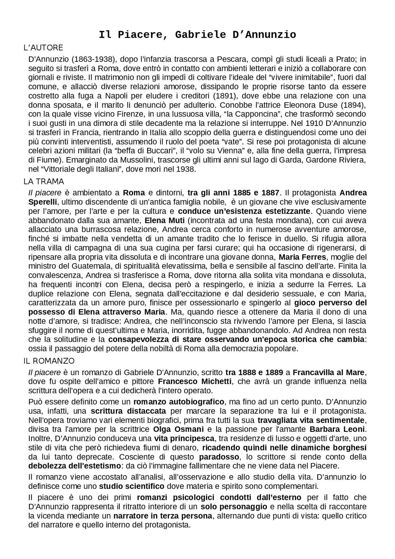 Il Piacere Gabriele Dannunzio Docsity