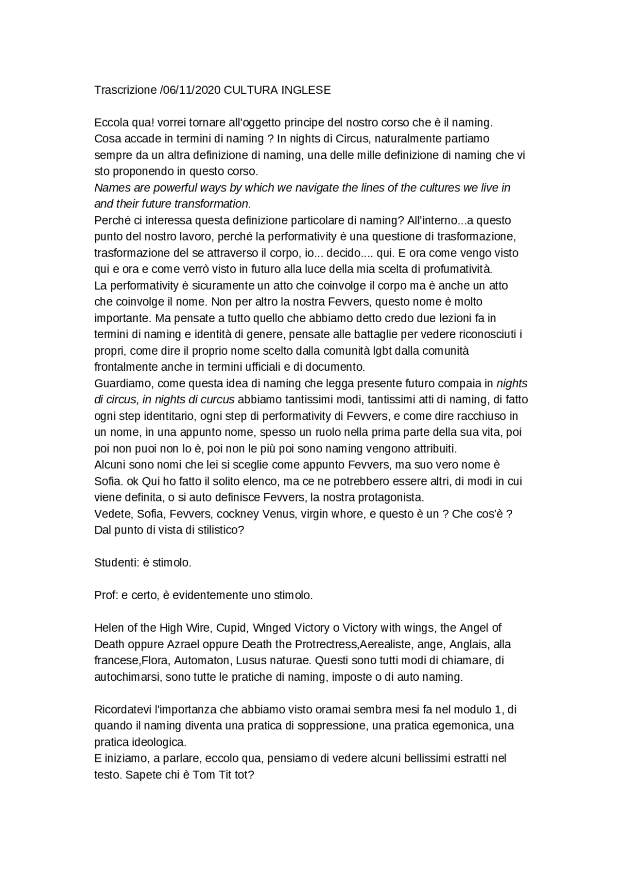 TRASCRIZIONE CULTURA INGLESE 1 - Docsity