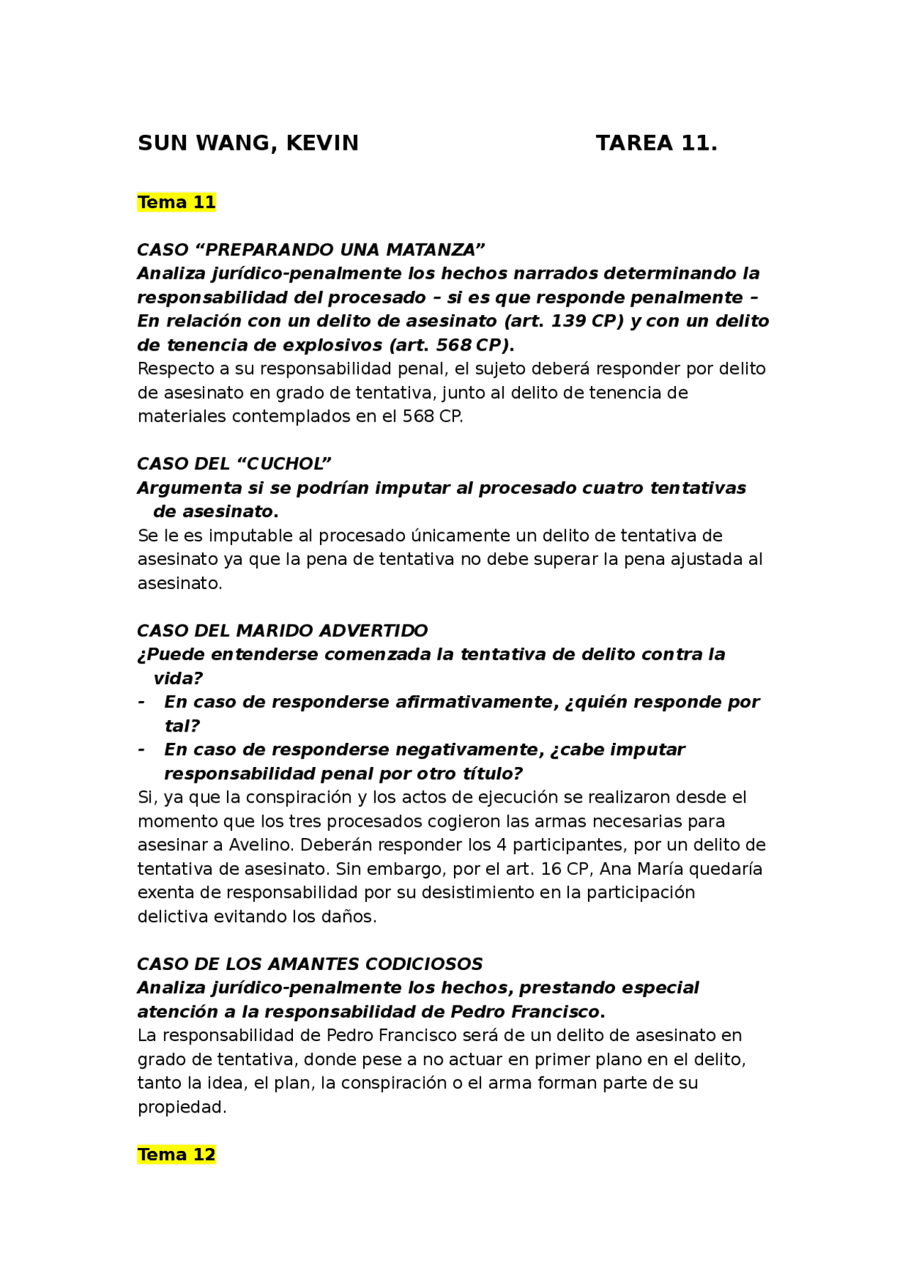 Derecho Penal I Caso Práctico 11 Ejercicios De Derecho Penal Docsity