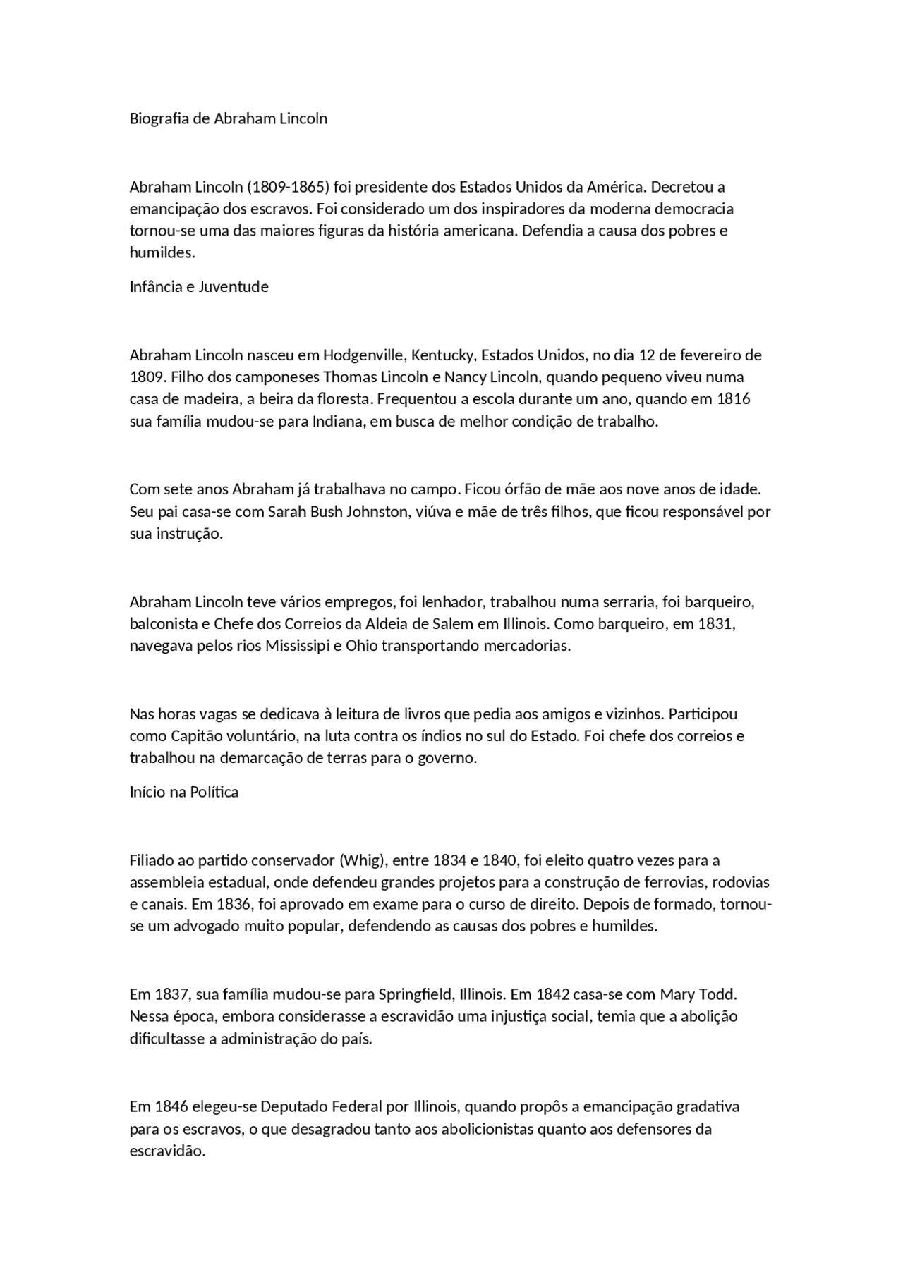 Biografia de Abraham Lincoln - Docsity