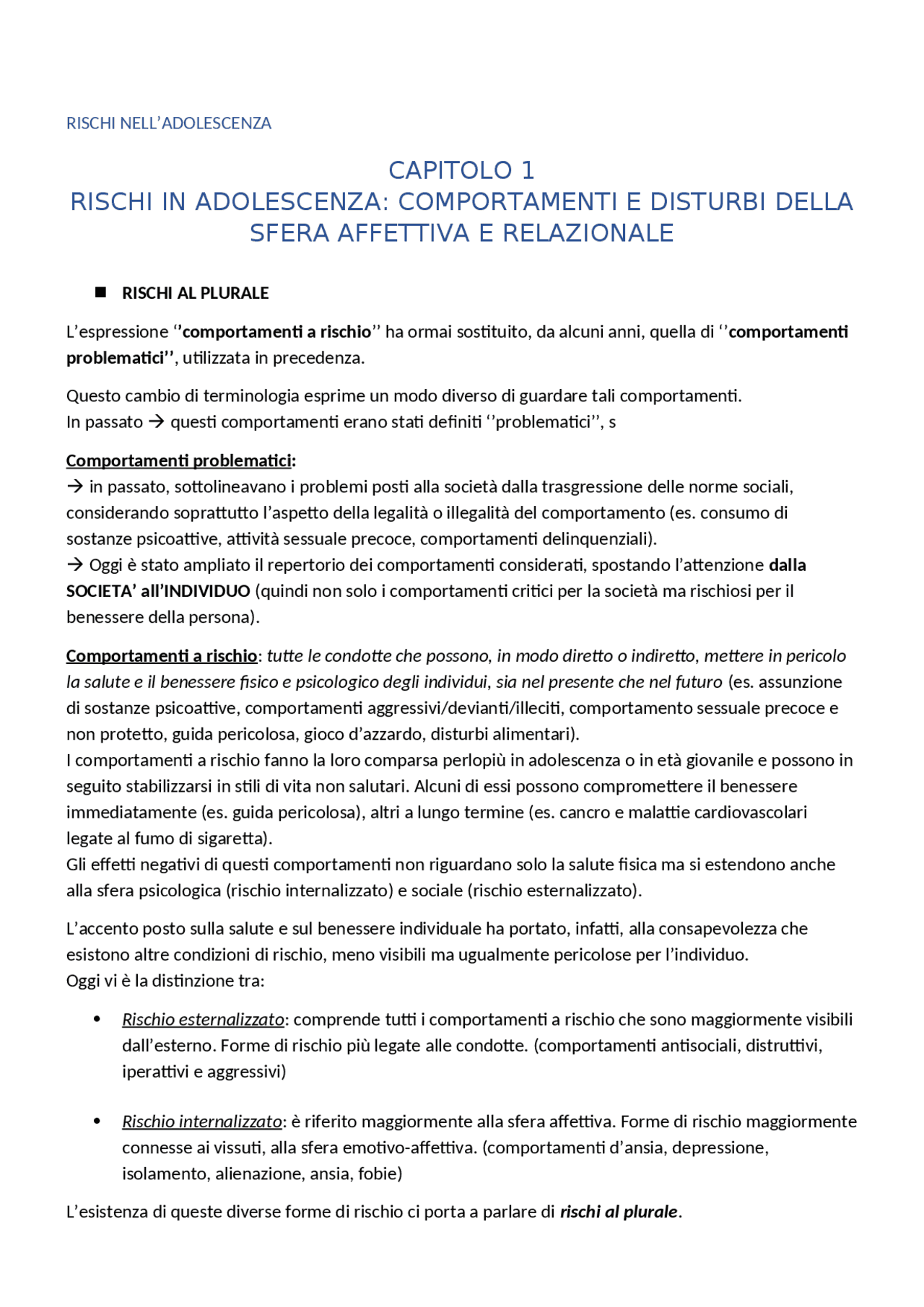 Rischi in adolescenza. Comportamenti problematici e disturbi emotivi. - Docsity