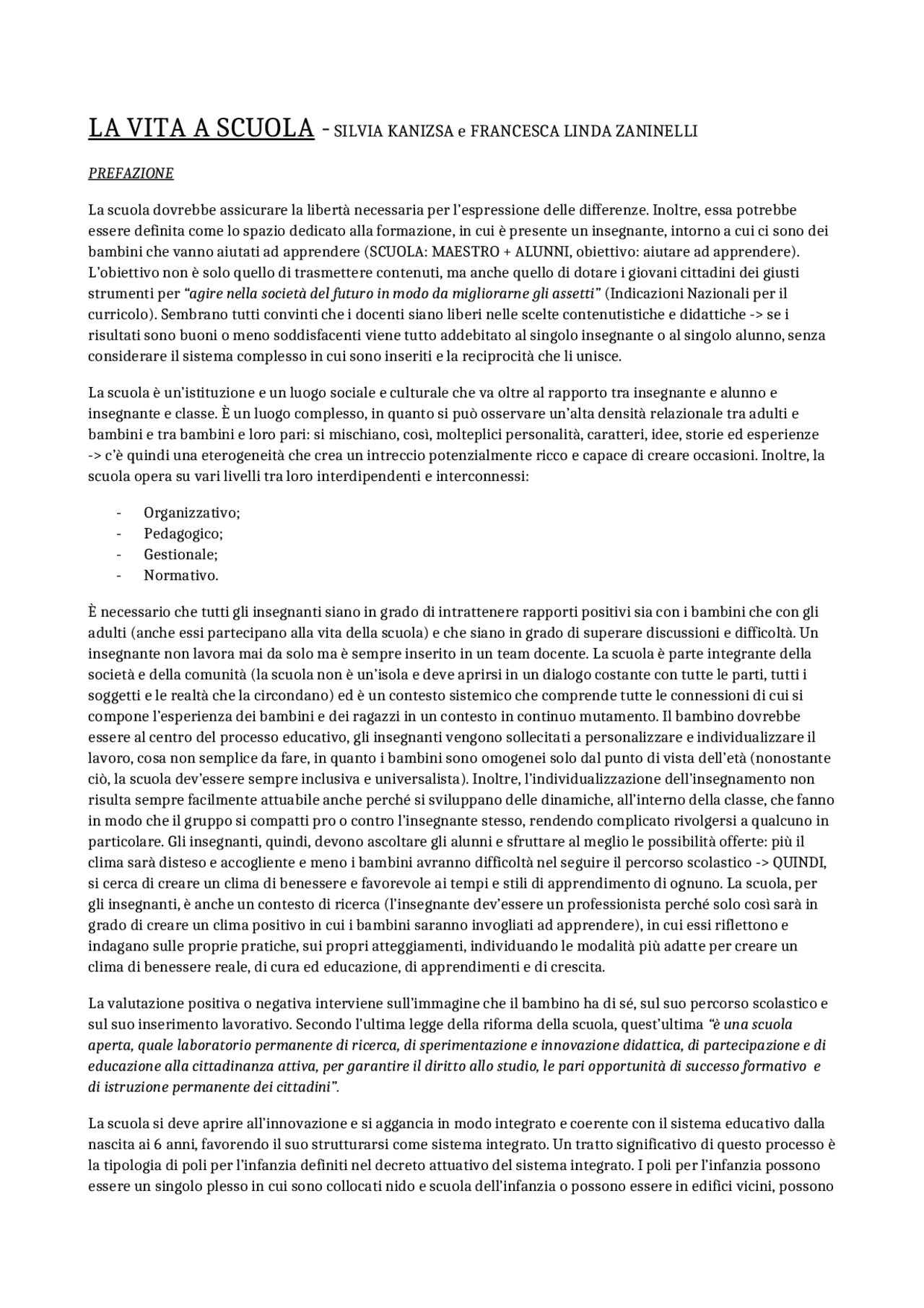 Riassunto La vita a scuola | Sintesi del corso di Pedagogia | Docsity