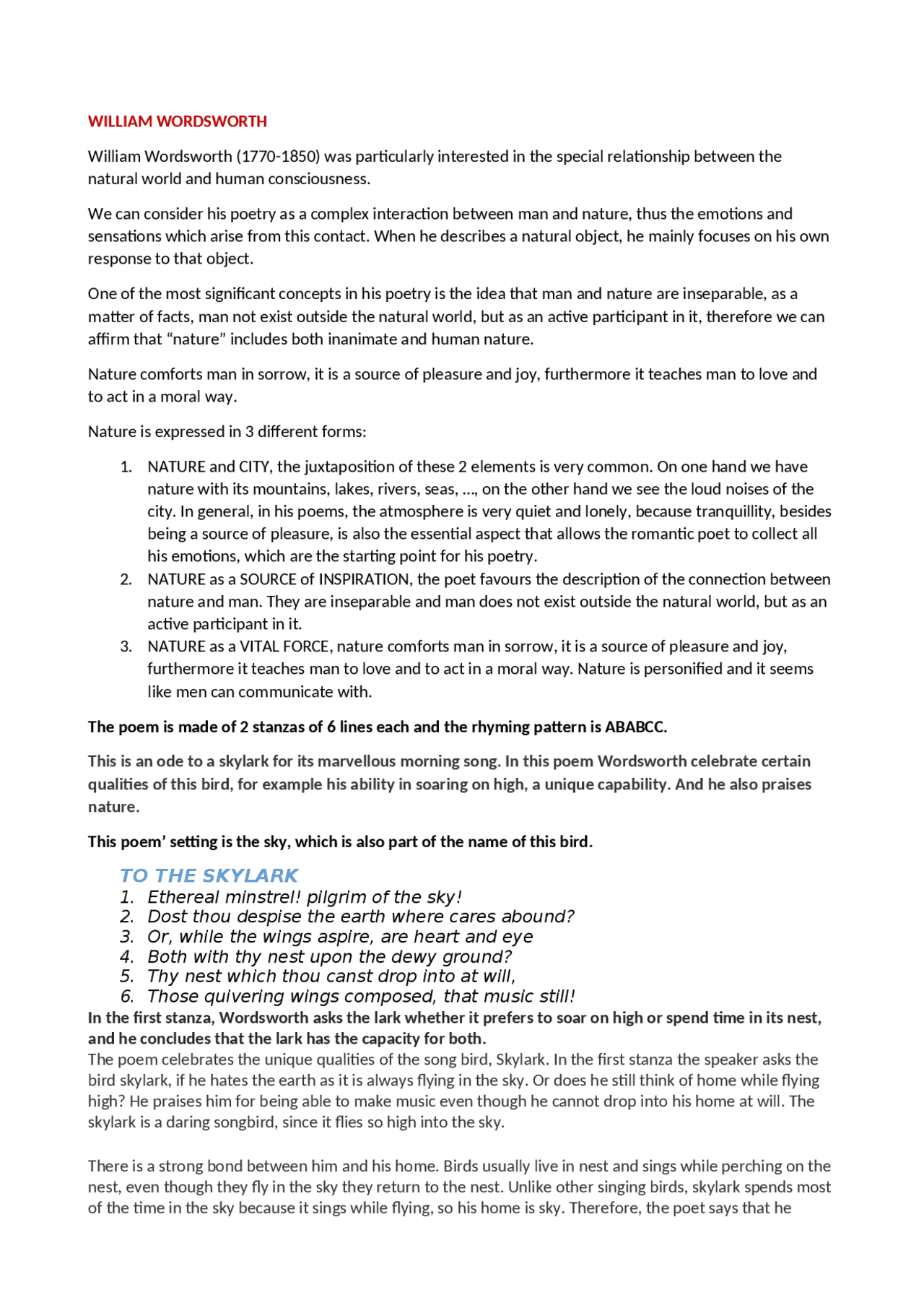 Letteratura inglese II: WILLIAM WORDSWORTH, TO THE SKYLARK and THE DAFFODILS - Docsity