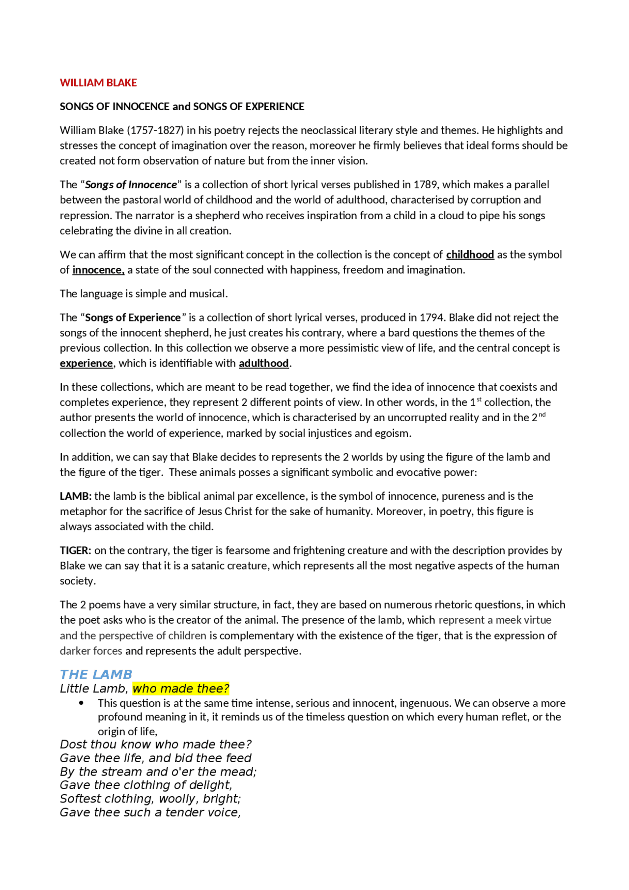 Letteratura inglese II: WILLIAM BLAKE, SONGS OF INNOCENCE and SONGS OF ...