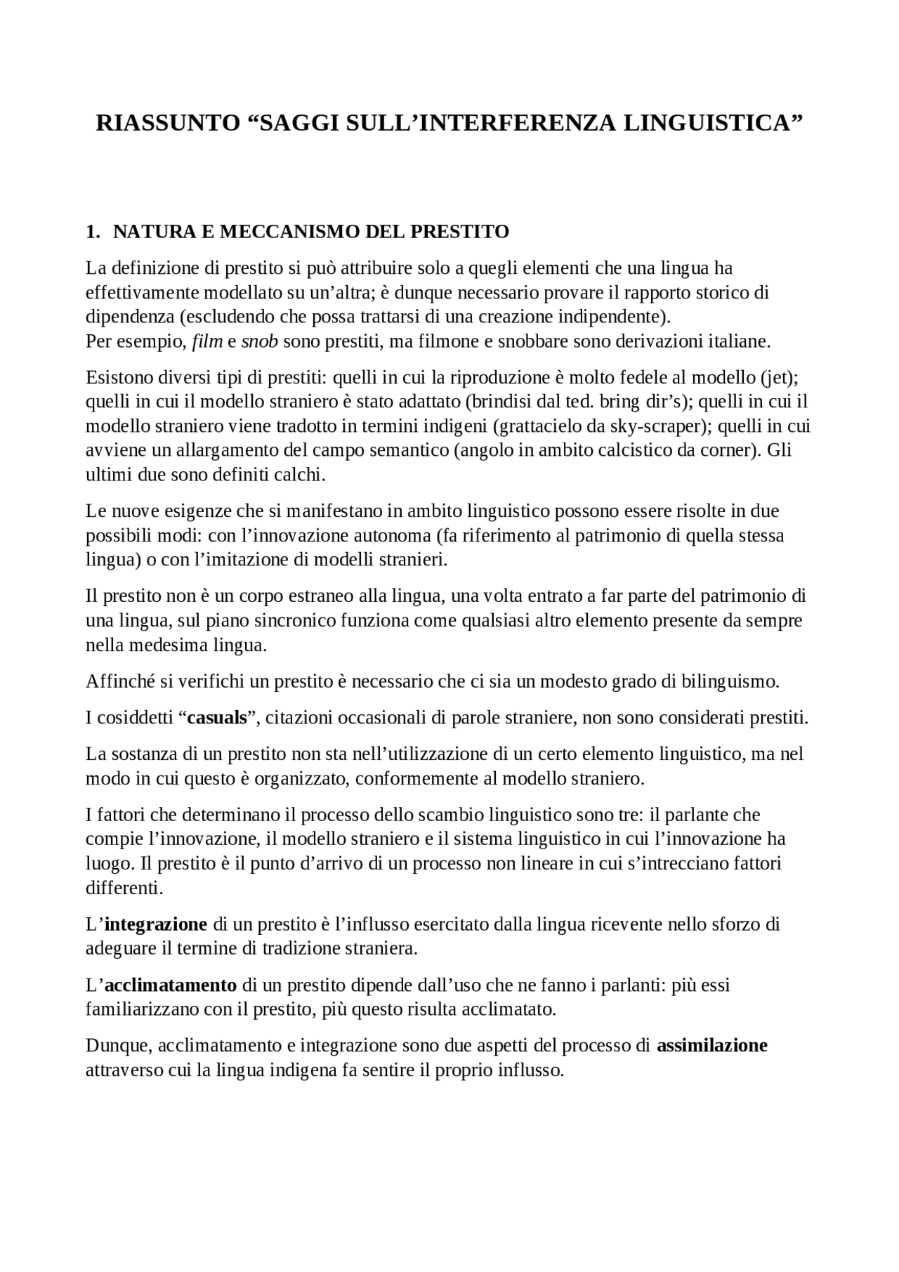 Riassunto Del Libro Saggi Sullinterferenza Linguistica Docsity