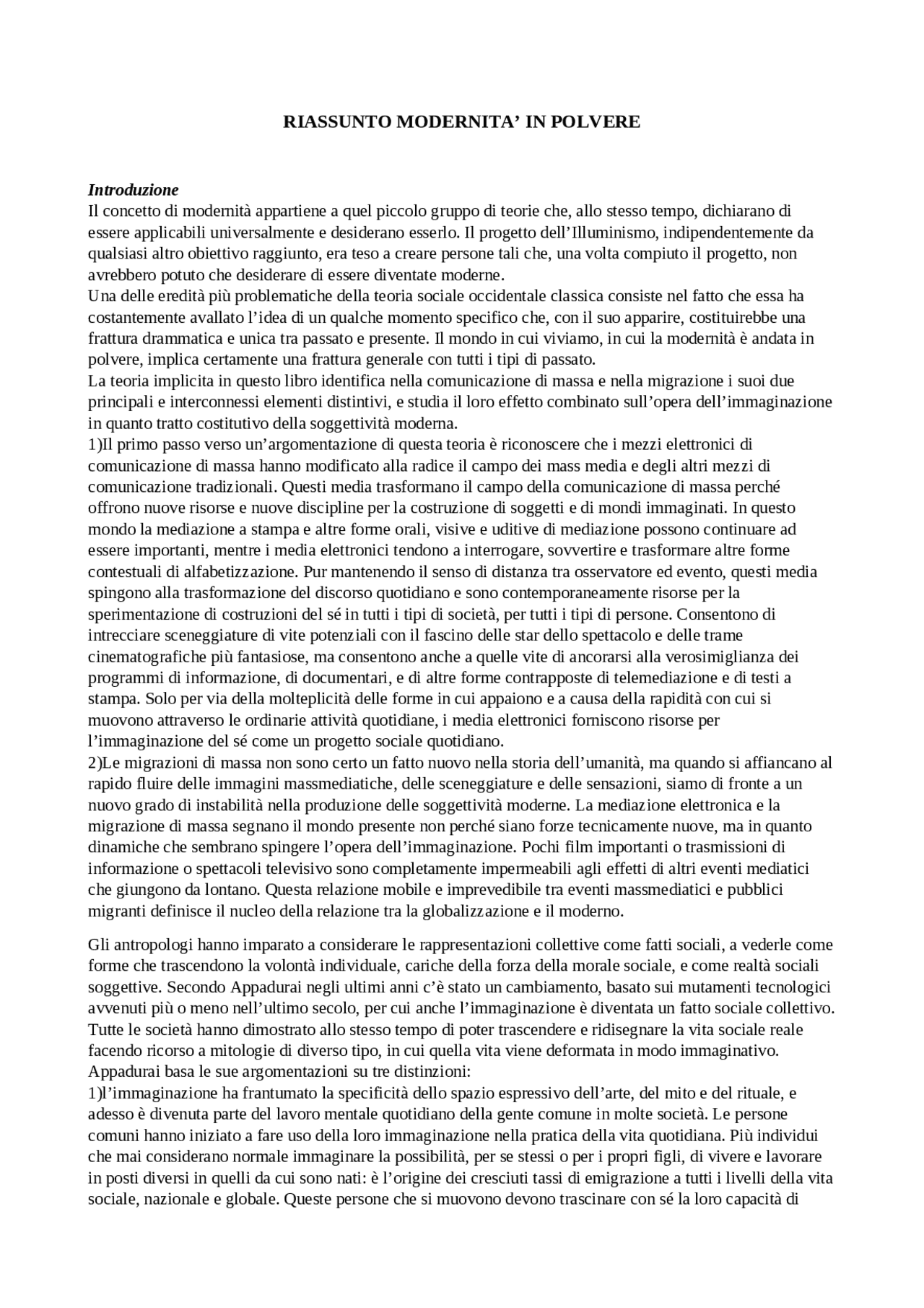Riassunto Modernità In Polvere Cap 1 2 3 8 E Introduzione Docsity