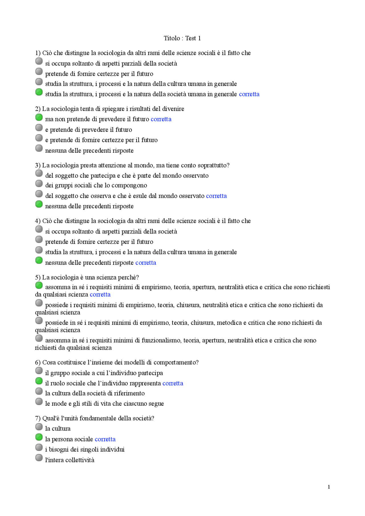 Test Sociologia Generale Docsity