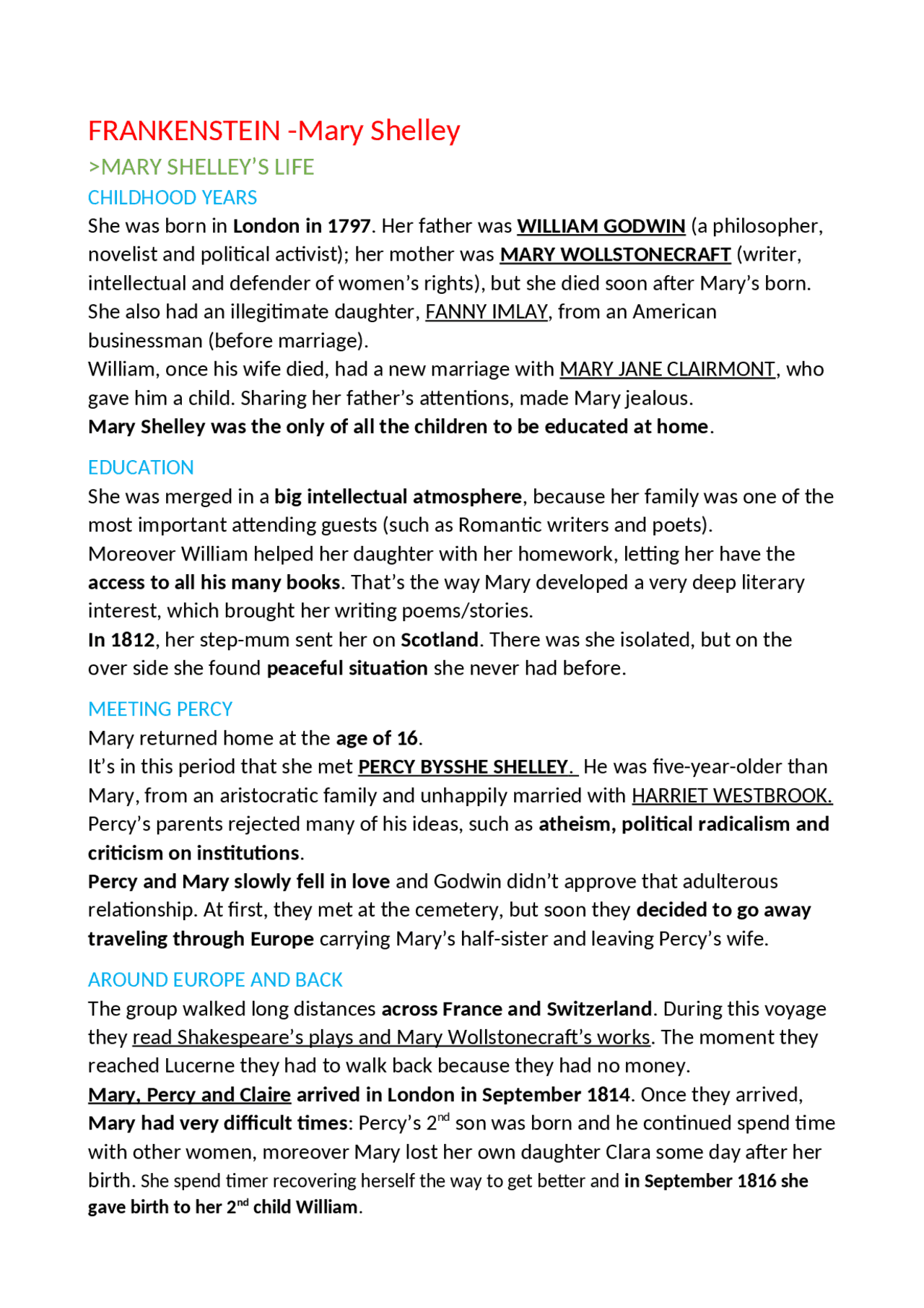 Vita di Mary Shelley e temi principali di Frankenstein - Docsity