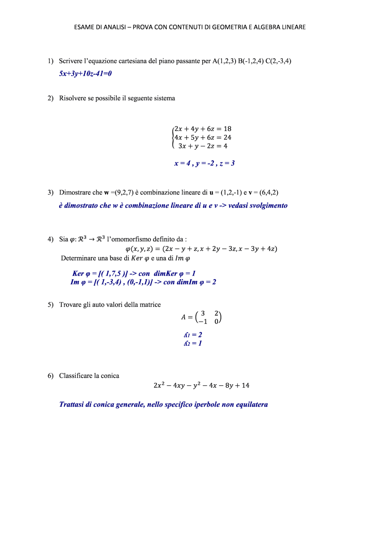 Prova Con Contenuti Di Geometria E Algebra Lineare Esercizi Di