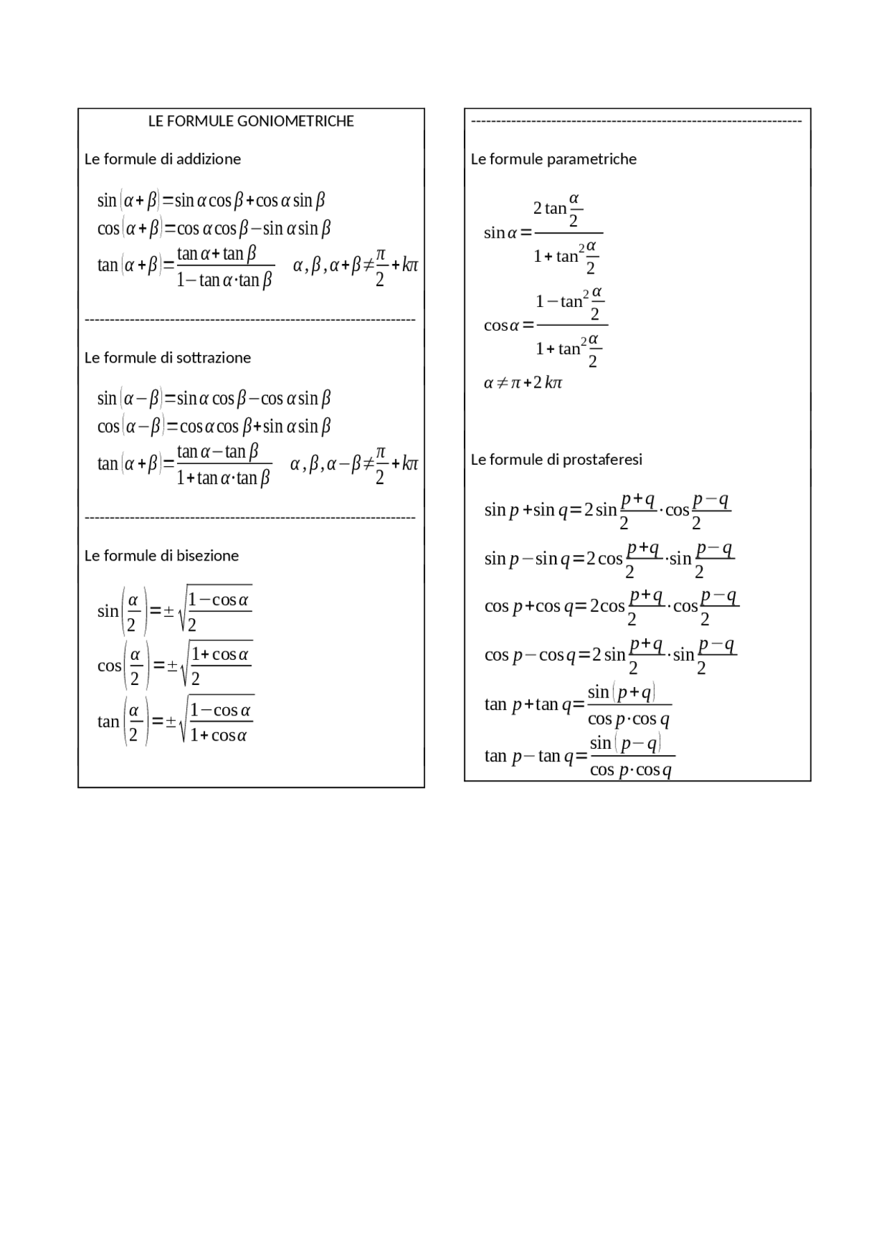Goniometria Formule Formulari Di Matematica Docsity