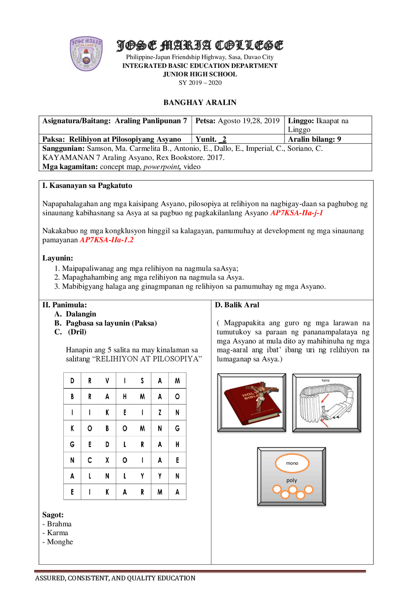 Lesson Plan - Mga Sinaunang Relihiyon at Pilosopiya.pdf | Lecture notes ...