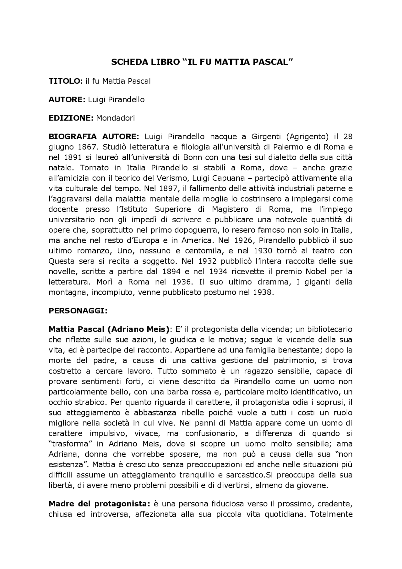 Scheda Libro Il Fu Mattia Pascal Docsity