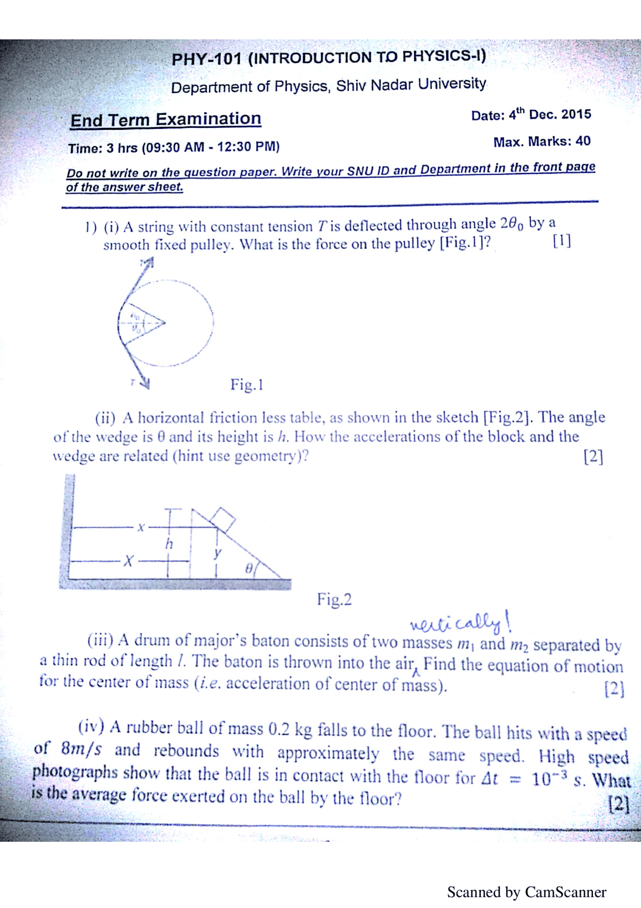 PHY101 ENDSEMS 2015 question paper | Exams Physics | Docsity