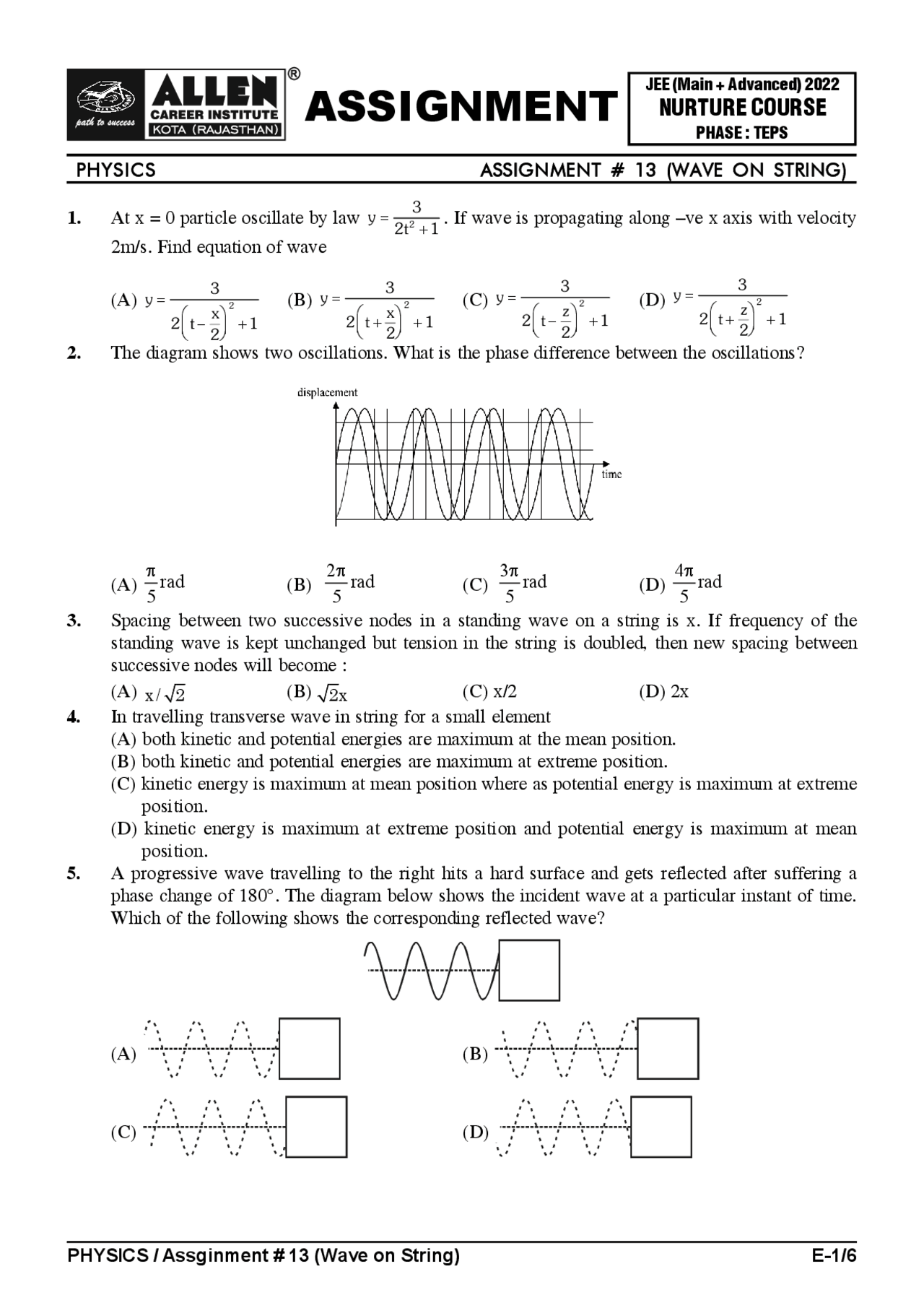 ALLEN ASSIGNMENT #13 wave motion | Exercises Physics - Docsity