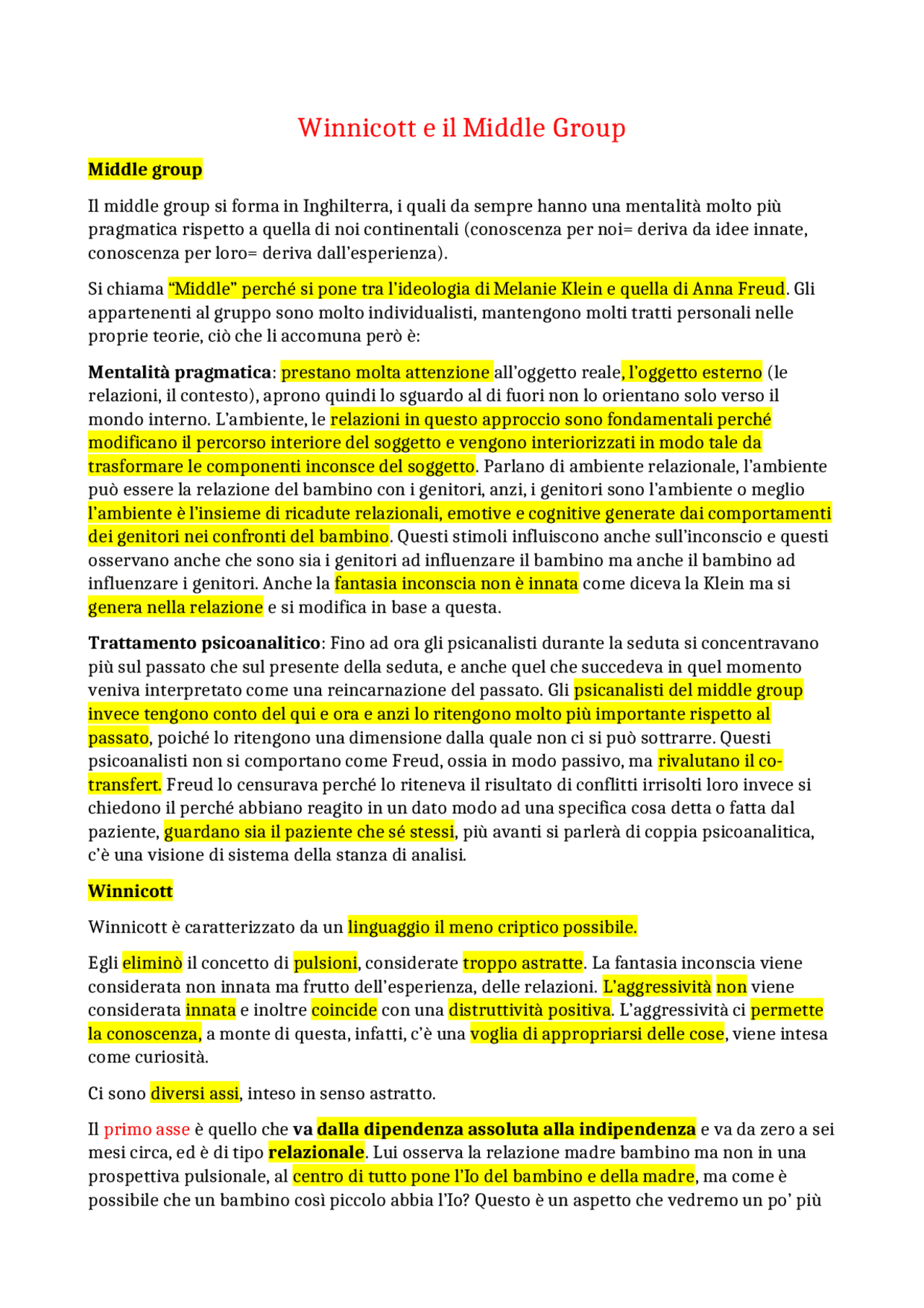 Appunti Su Winnicott E Il Middle Group Docsity