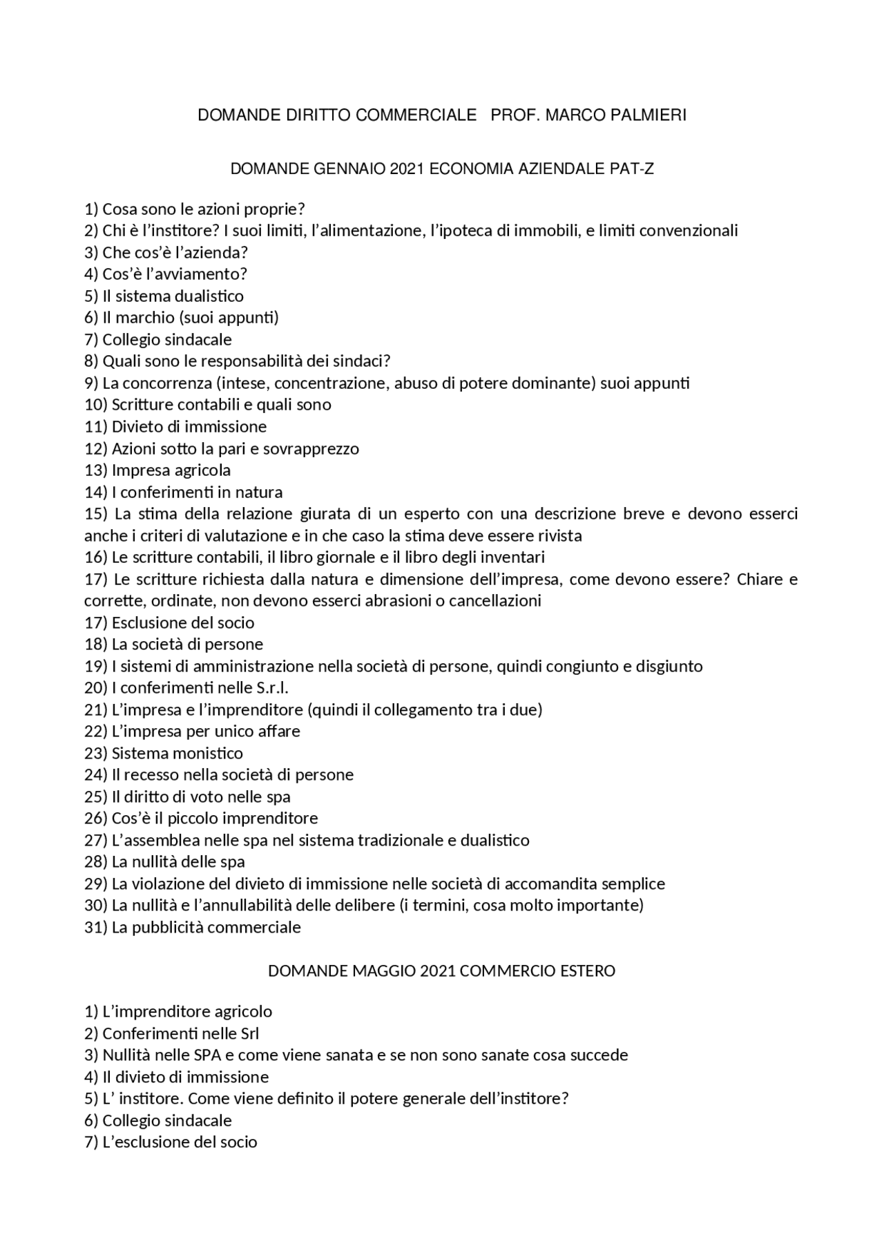 Domande Esame Diritto Commerciale Marco Palmieri Docsity