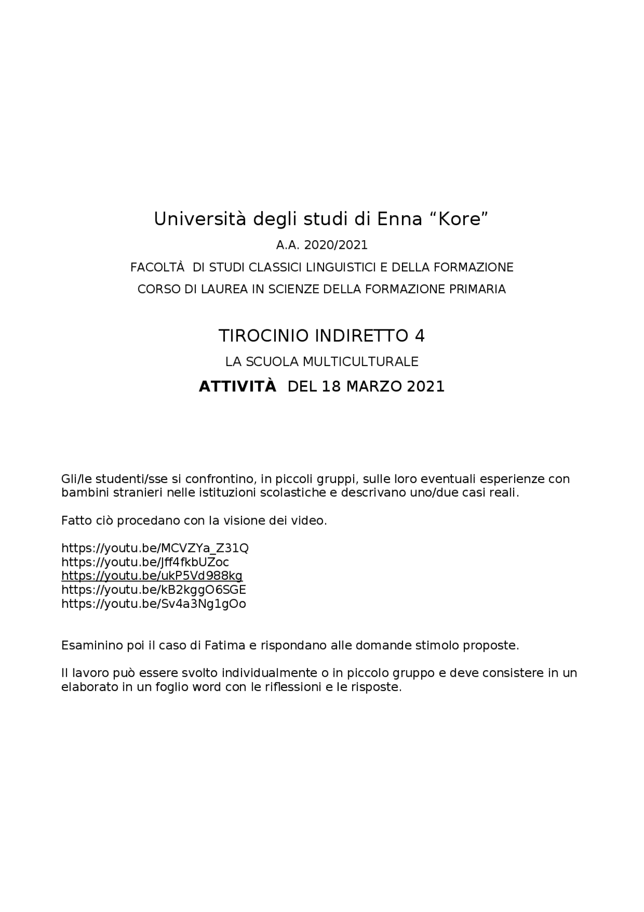 Attività Tirocinio Indiretto Docsity