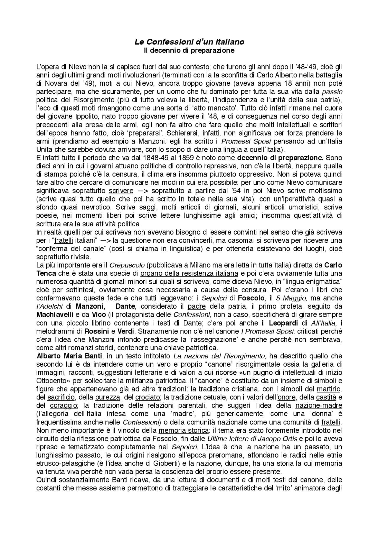 Nievo, il decennio di preparazione e il canone risorgimentale - Docsity