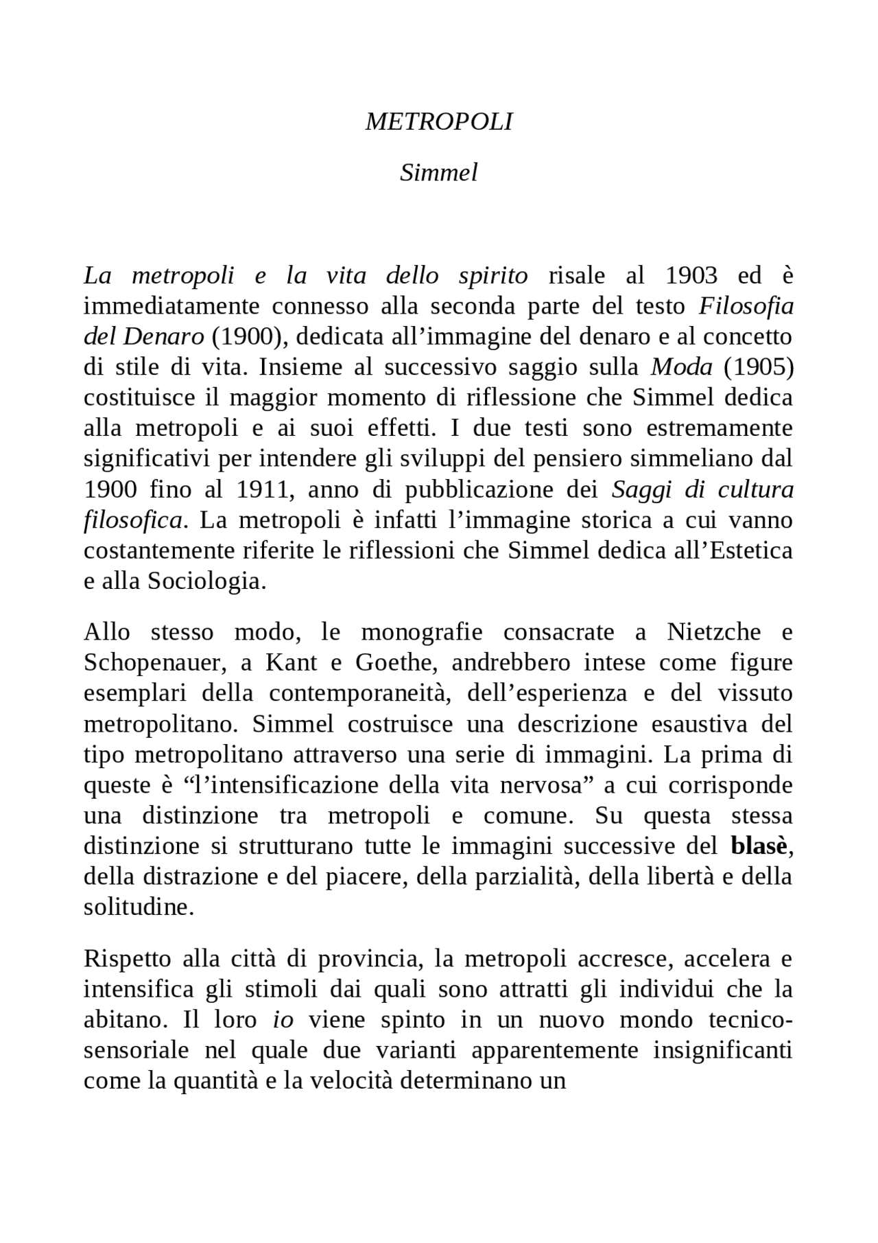 Metropoli Di Simmel Riassunto Docsity