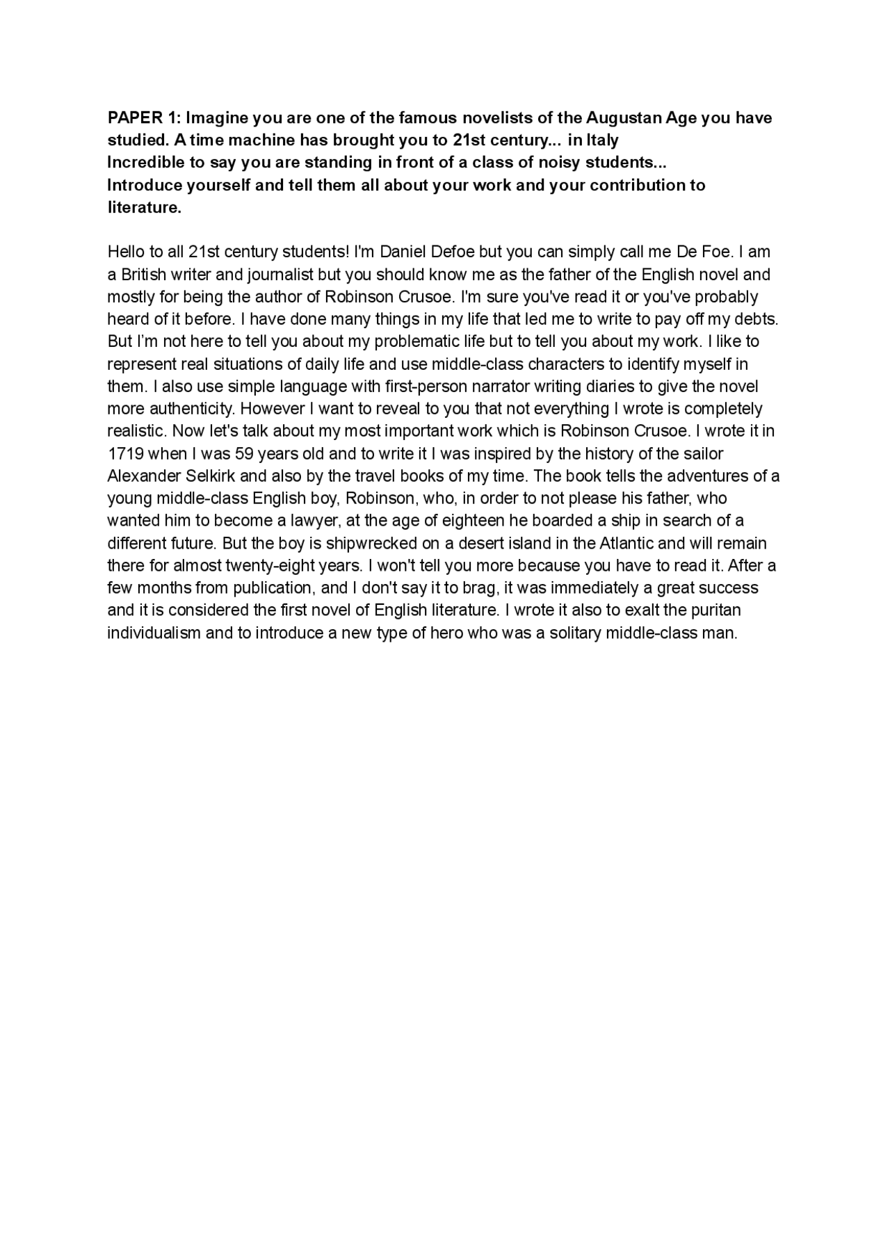 Imagine you are Daniel Defoe: Introduce yourself to the class | Appunti di Inglese | Docsity