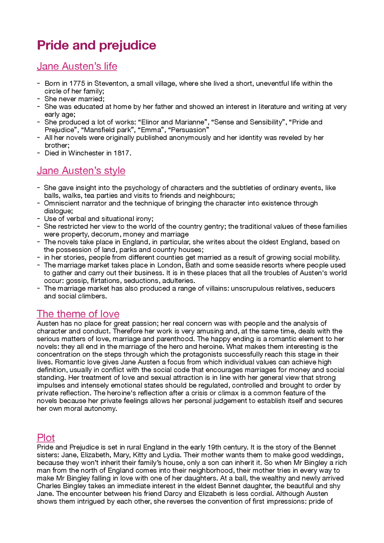 Pride and prejudice -Jane austen - Docsity