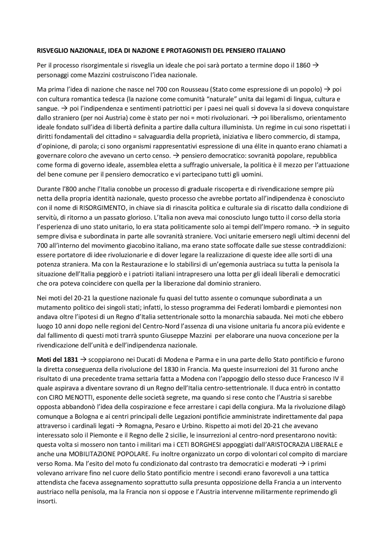 Riassunto Risorgimento Italiano Docsity