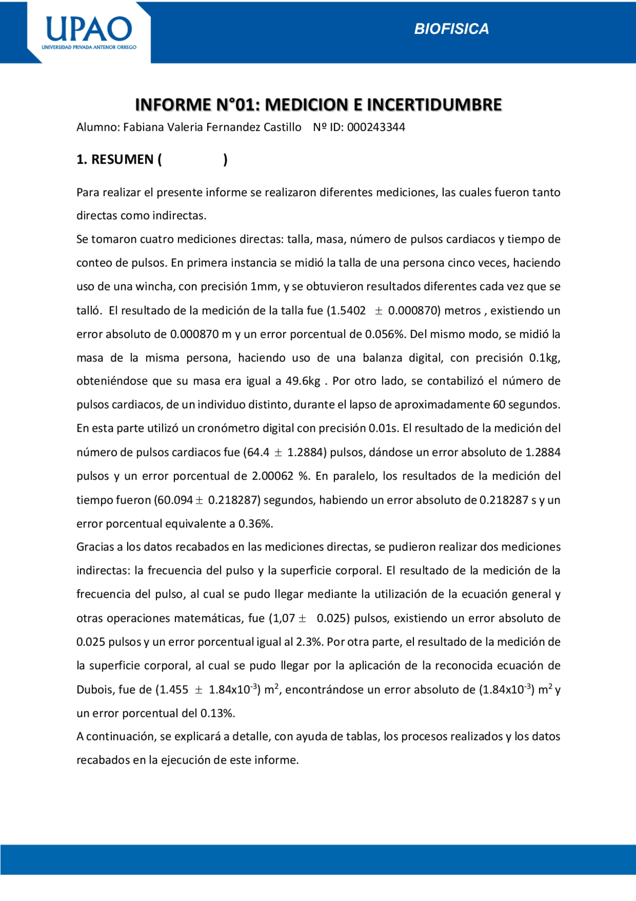Informe MediciÓn E Incertidumbre BiofÍsica Docsity