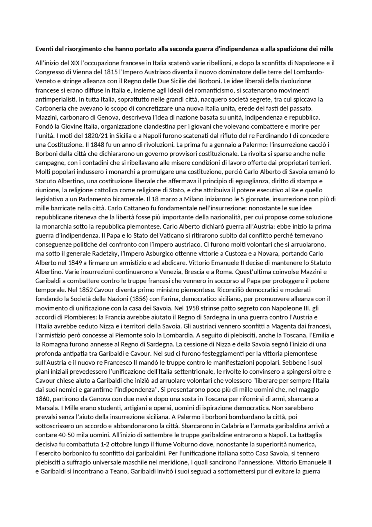 Riassunto Eventi Del Risorgimento E Unità Ditalia Docsity