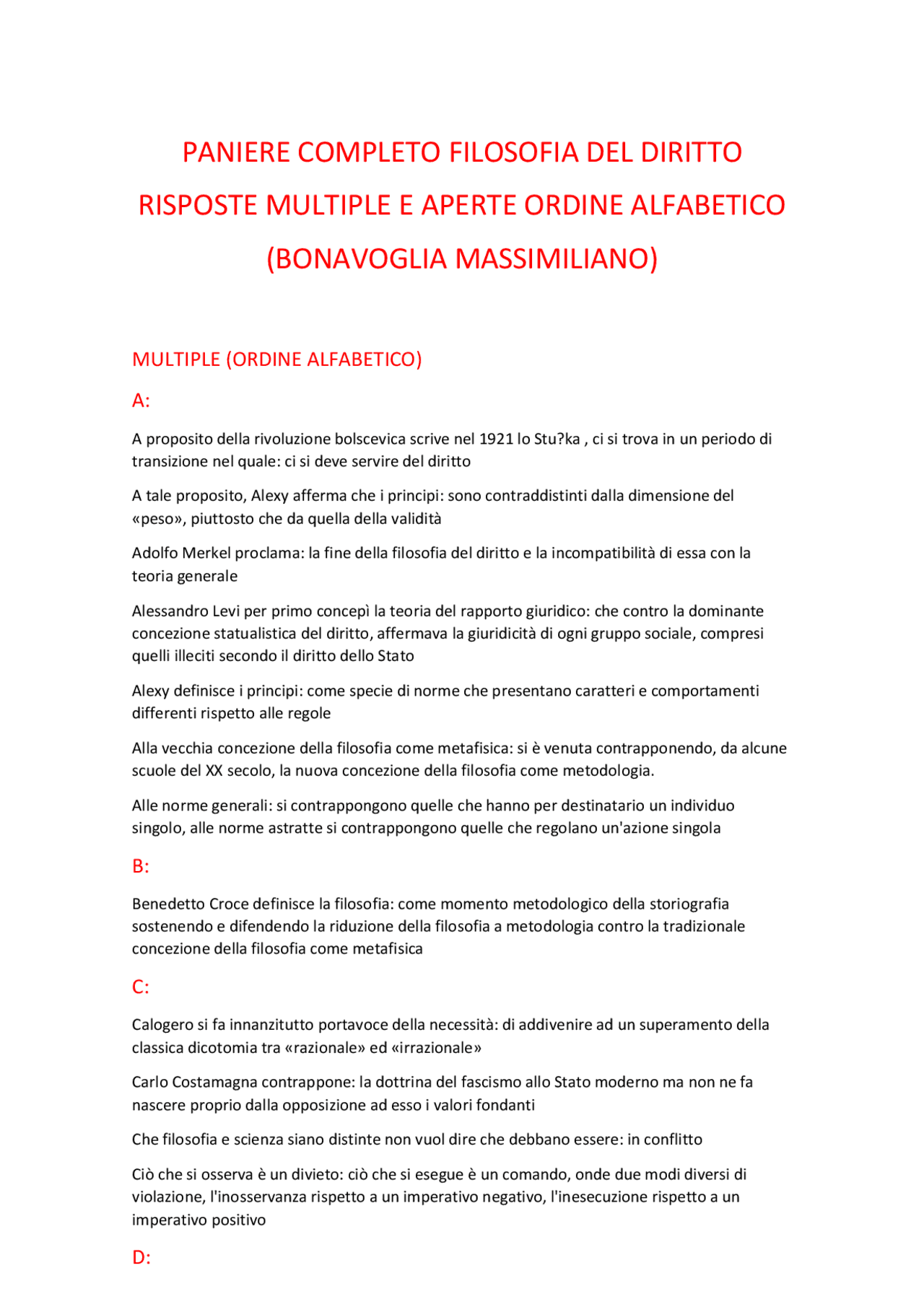 Paniere Completo Di Risposte Multiple E Aperte In Ordine Alfabetico